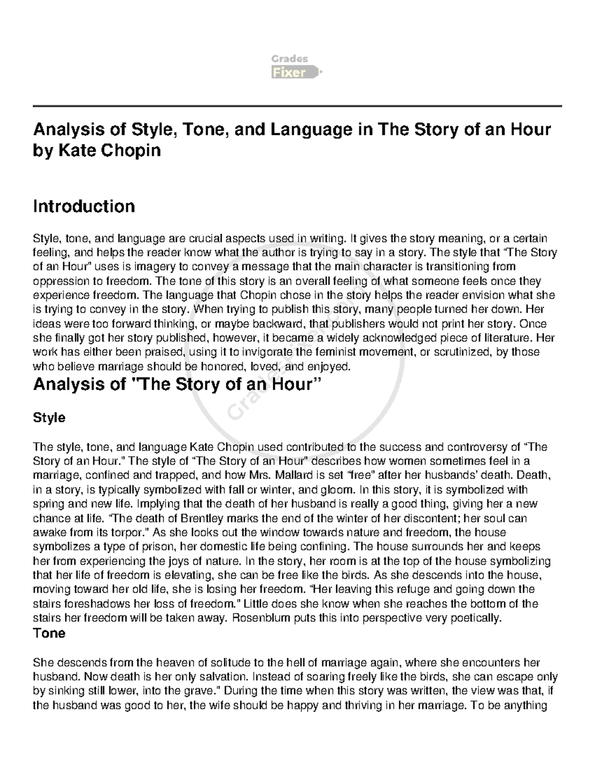 Analysis of Style, Tone, and Language in The Story of an Hour by Kate ...