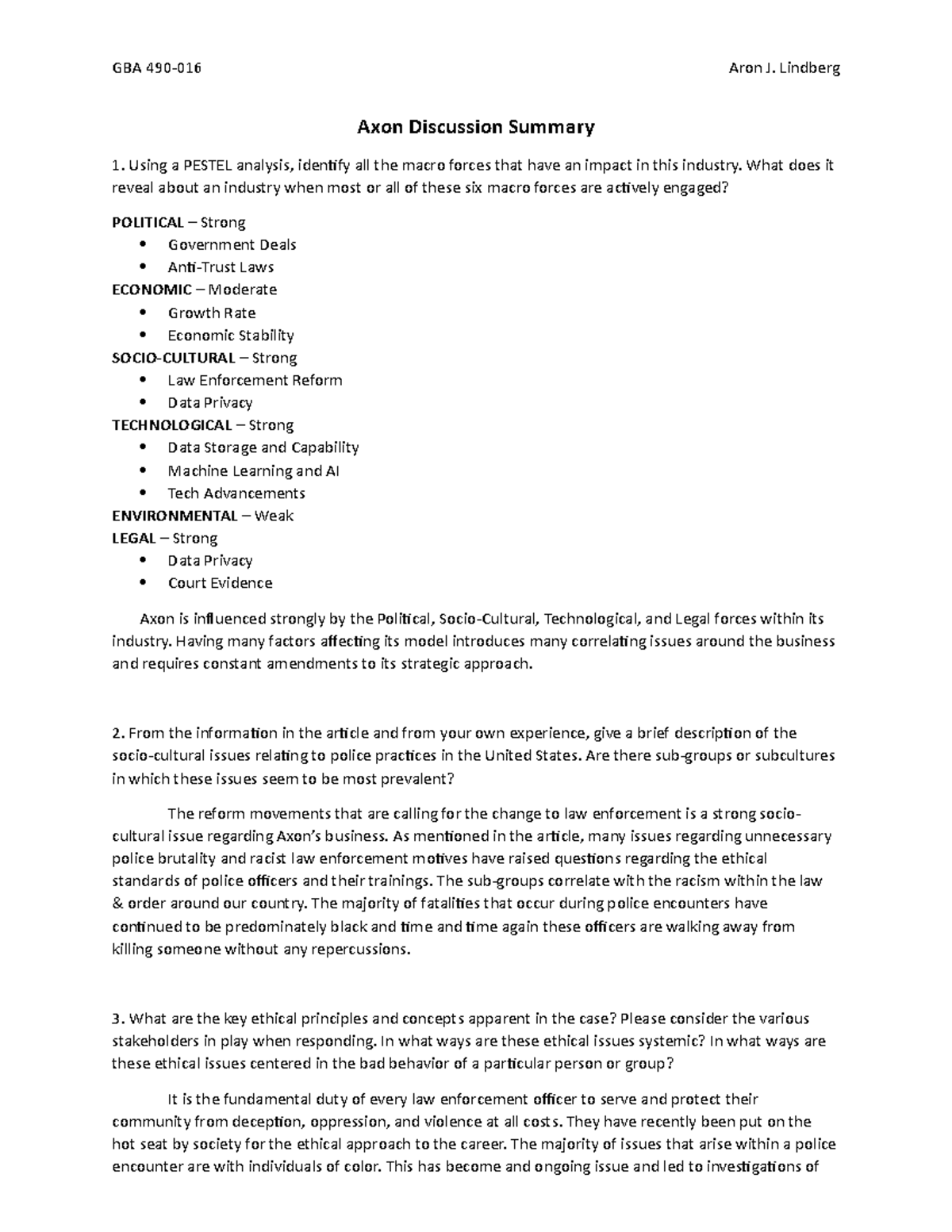 Axon Case Discussion - Axon Discussion Summary Using a PESTEL analysis ...