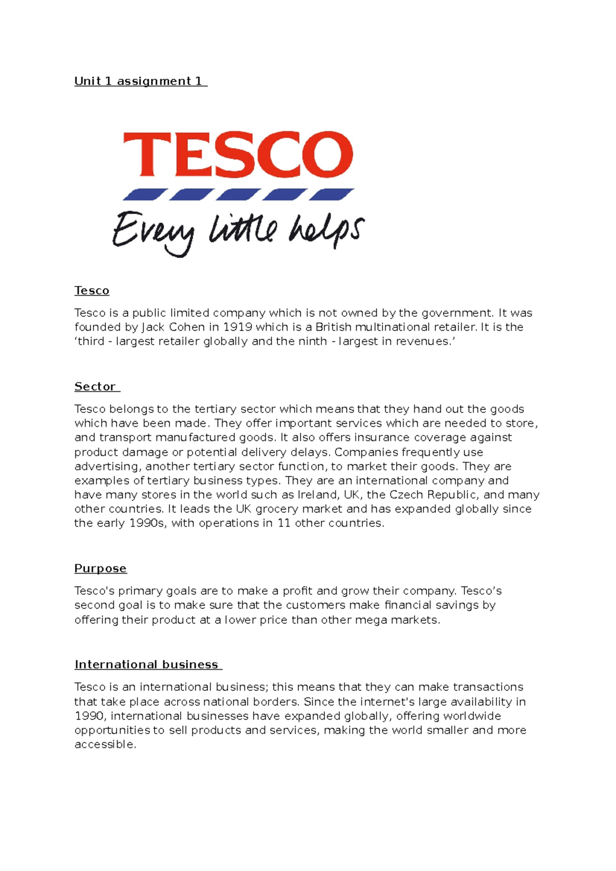 Unit 1 assignment 1 - Unit 1 assignment 1 Tesco Tesco is a public ...