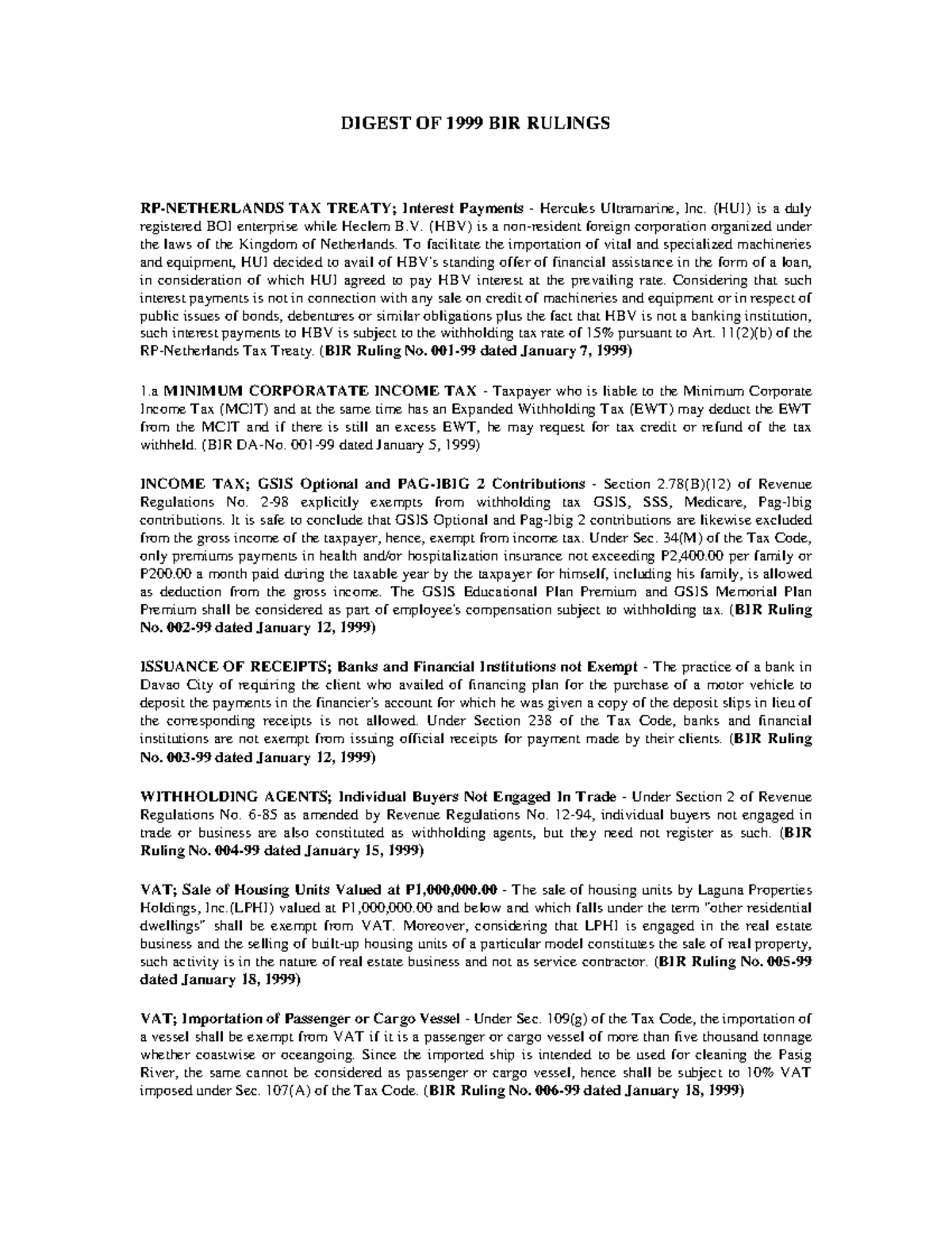Rulings 1999 digest - DIGEST OF 1999 BIR RULINGS RP-NETHERLANDS TAX ...
