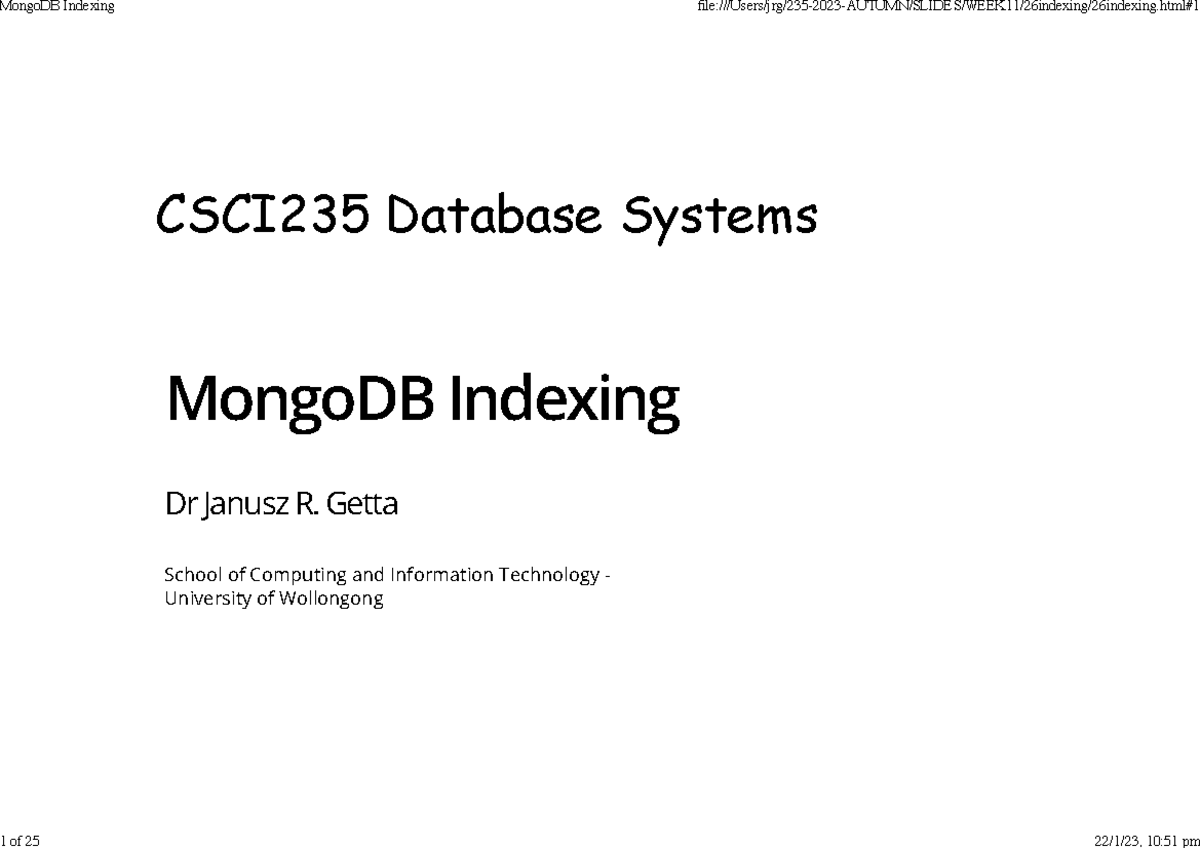 26indexing Lecture On Indexing Csci235 Database Systems Mongodb