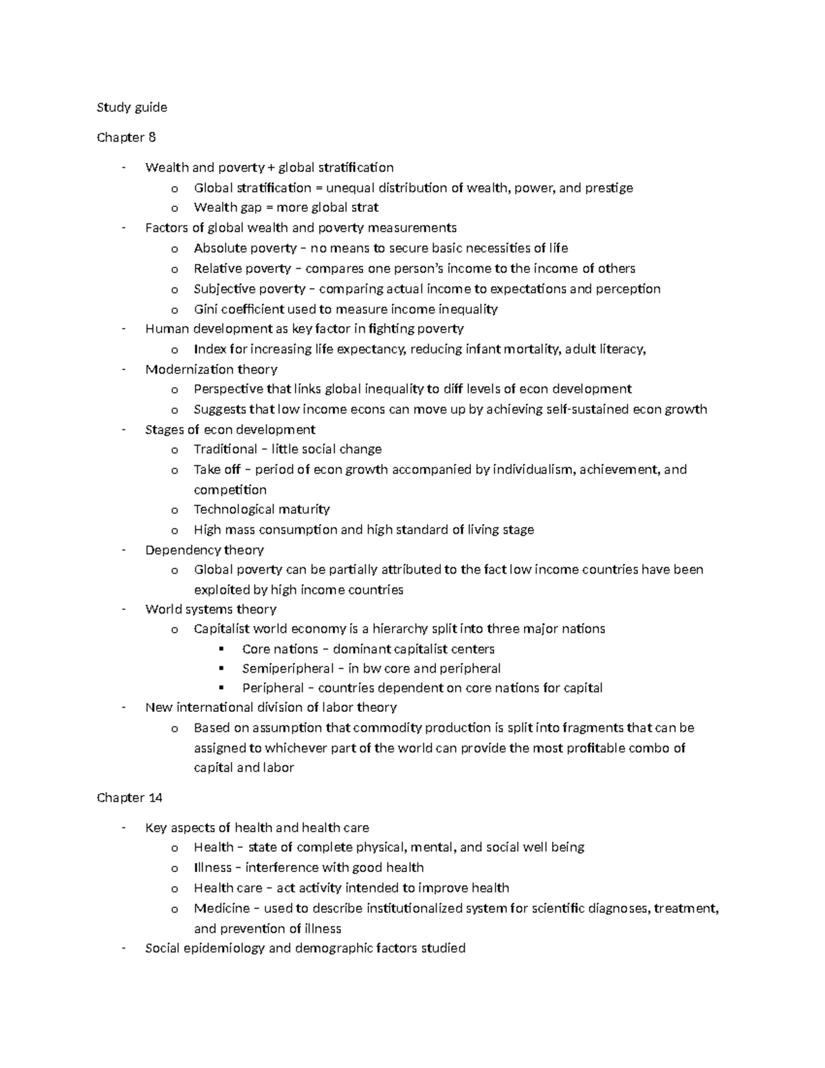 Sociology Exam 3 study guide - Study guide Chapter 8 - Wealth and ...