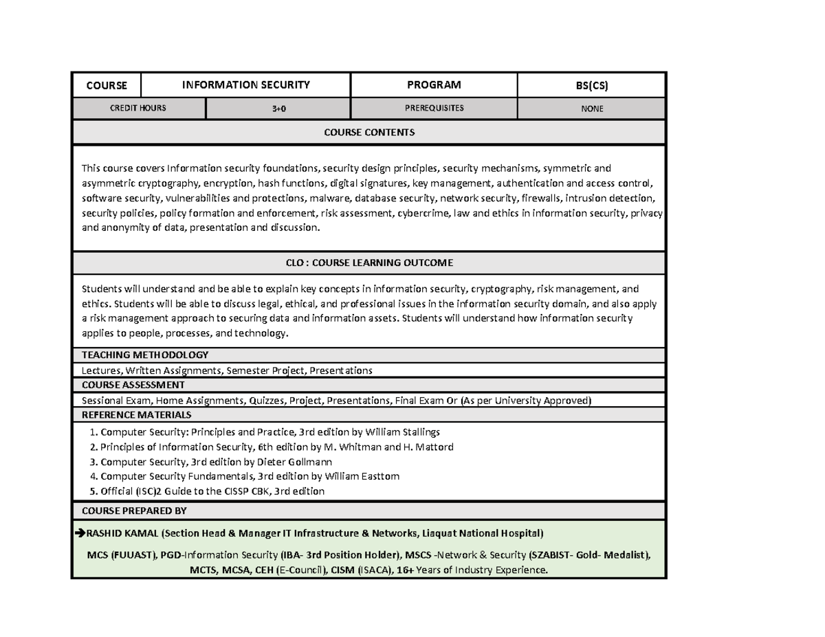 Information Security -BSCS - COURSE BS(CS) 3+0 NONE RASHID KAMAL ...