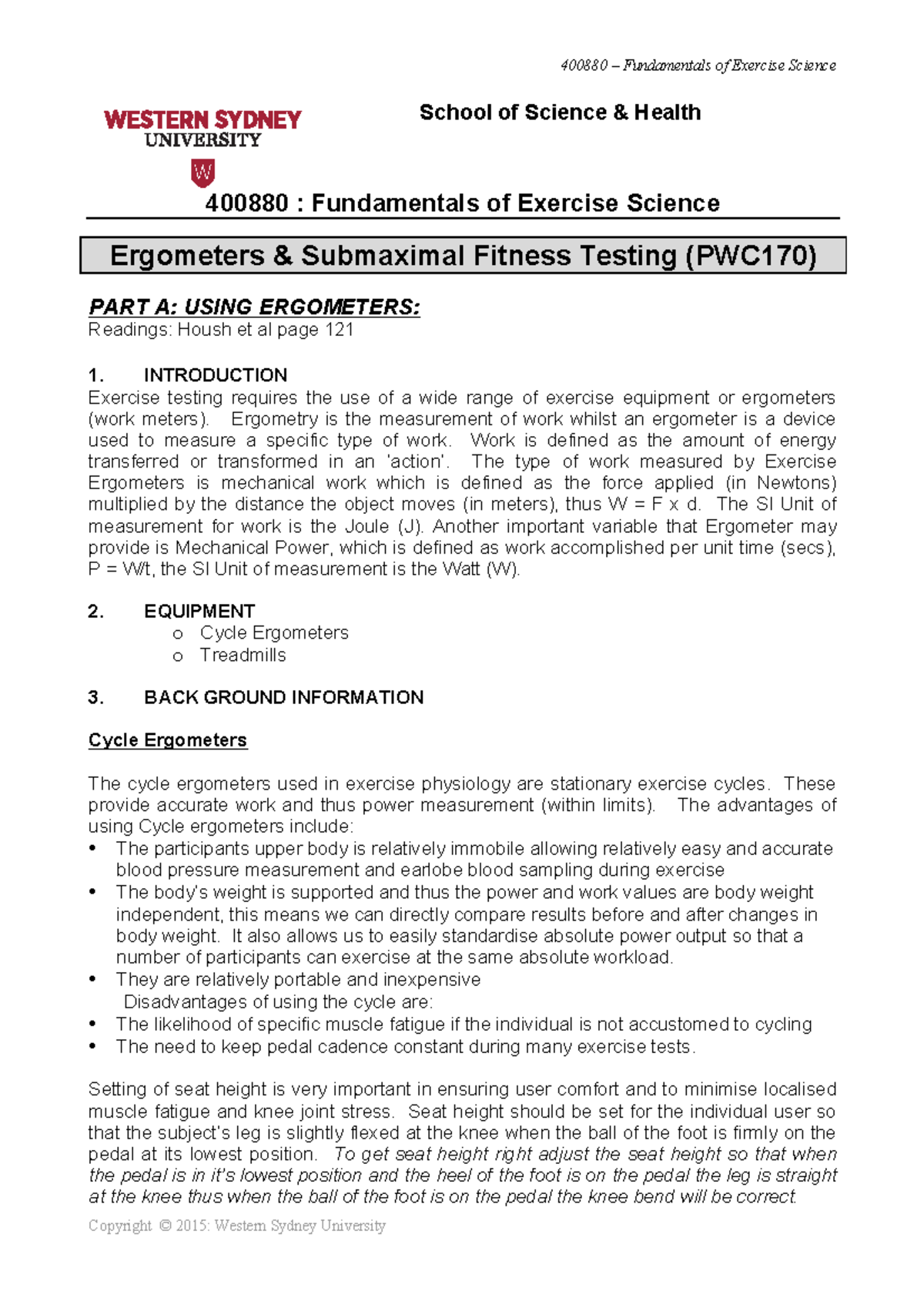 PWC170 Practical 3: Ergometers & Submaximal Fitness Testing - Research ...