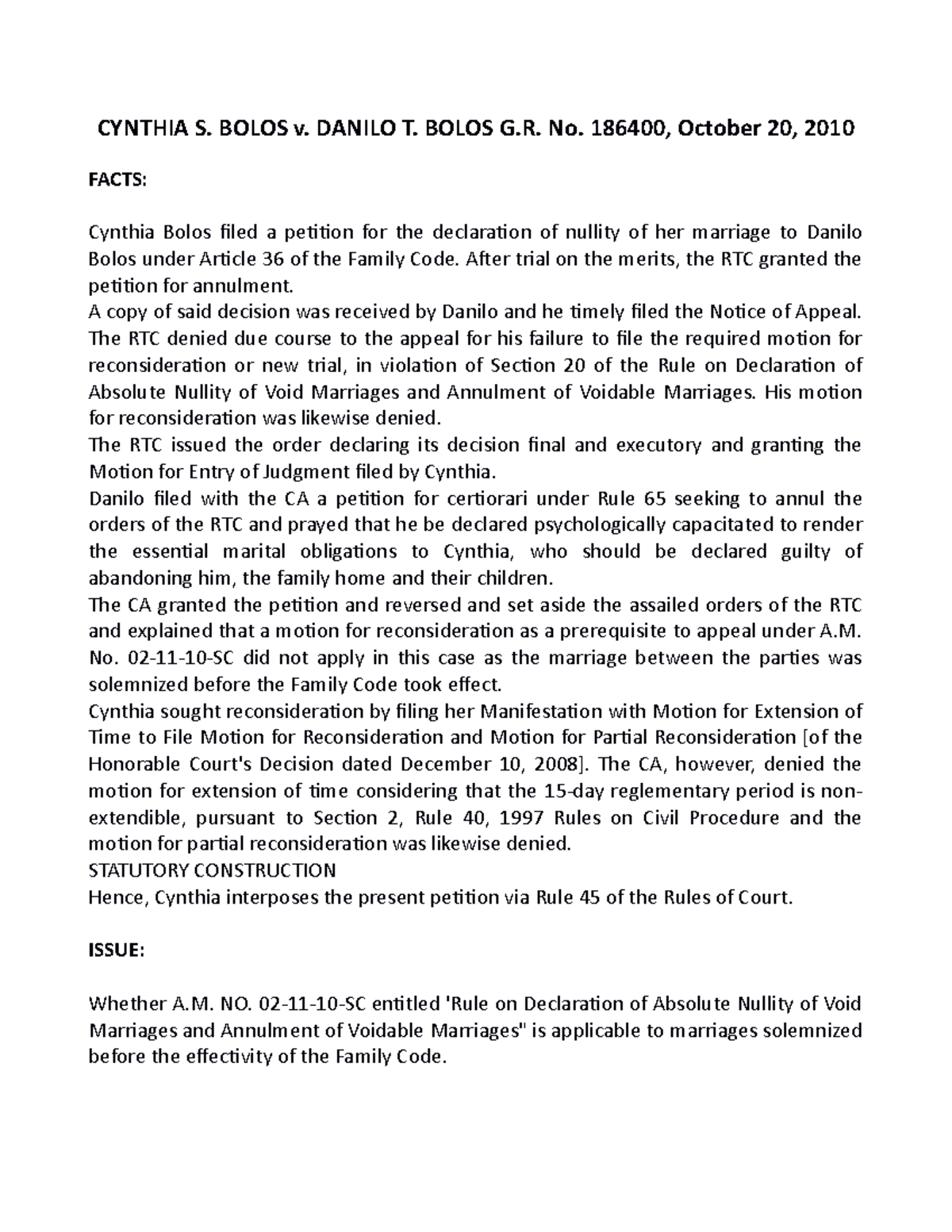 Stat Con Case Oct 2022 - Digest - CYNTHIA S. BOLOS v. DANILO T. BOLOS G ...