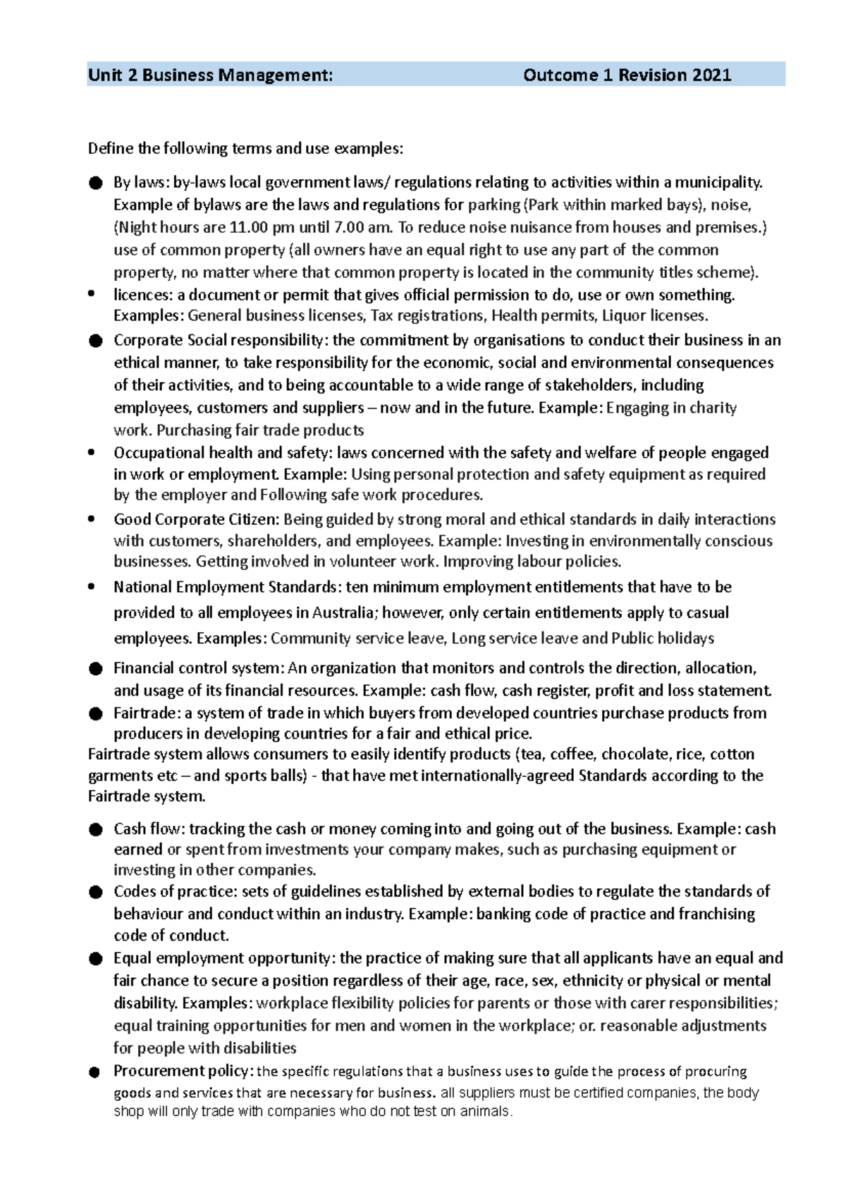 Unit 2 Business Management revsion sheet 2021 - Unit 2 Business ...