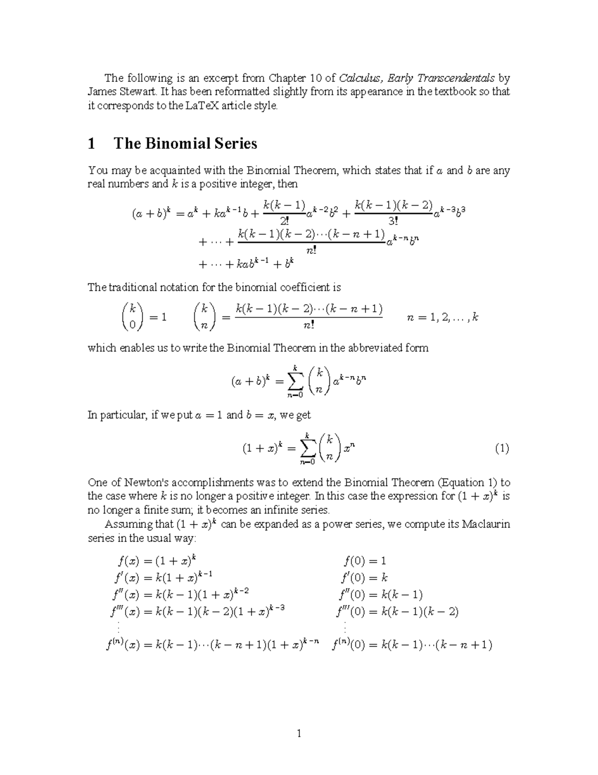 Binomial Series - 1 The following is an excerpt from Chapter 10 of ...