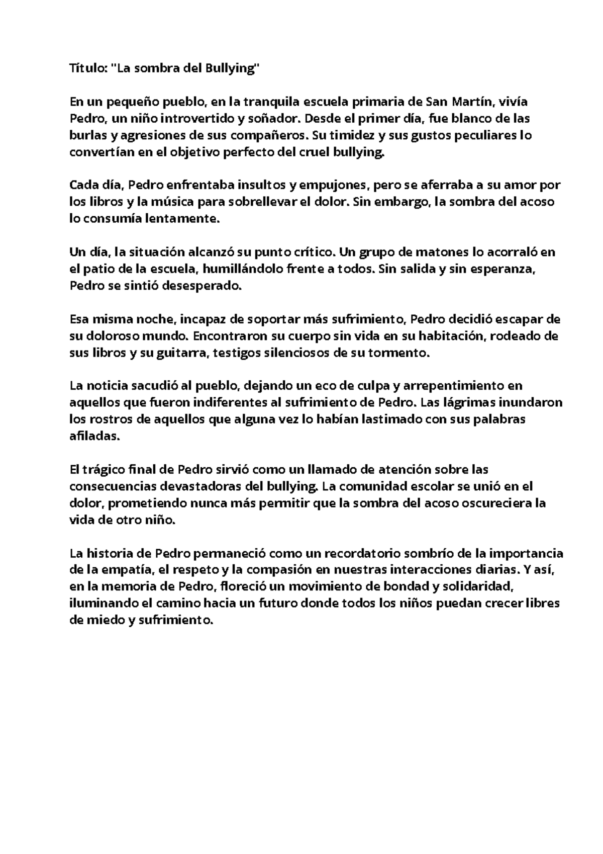 Título La sombra del Bullying En un pequeño pueblo, en la tranquila ...
