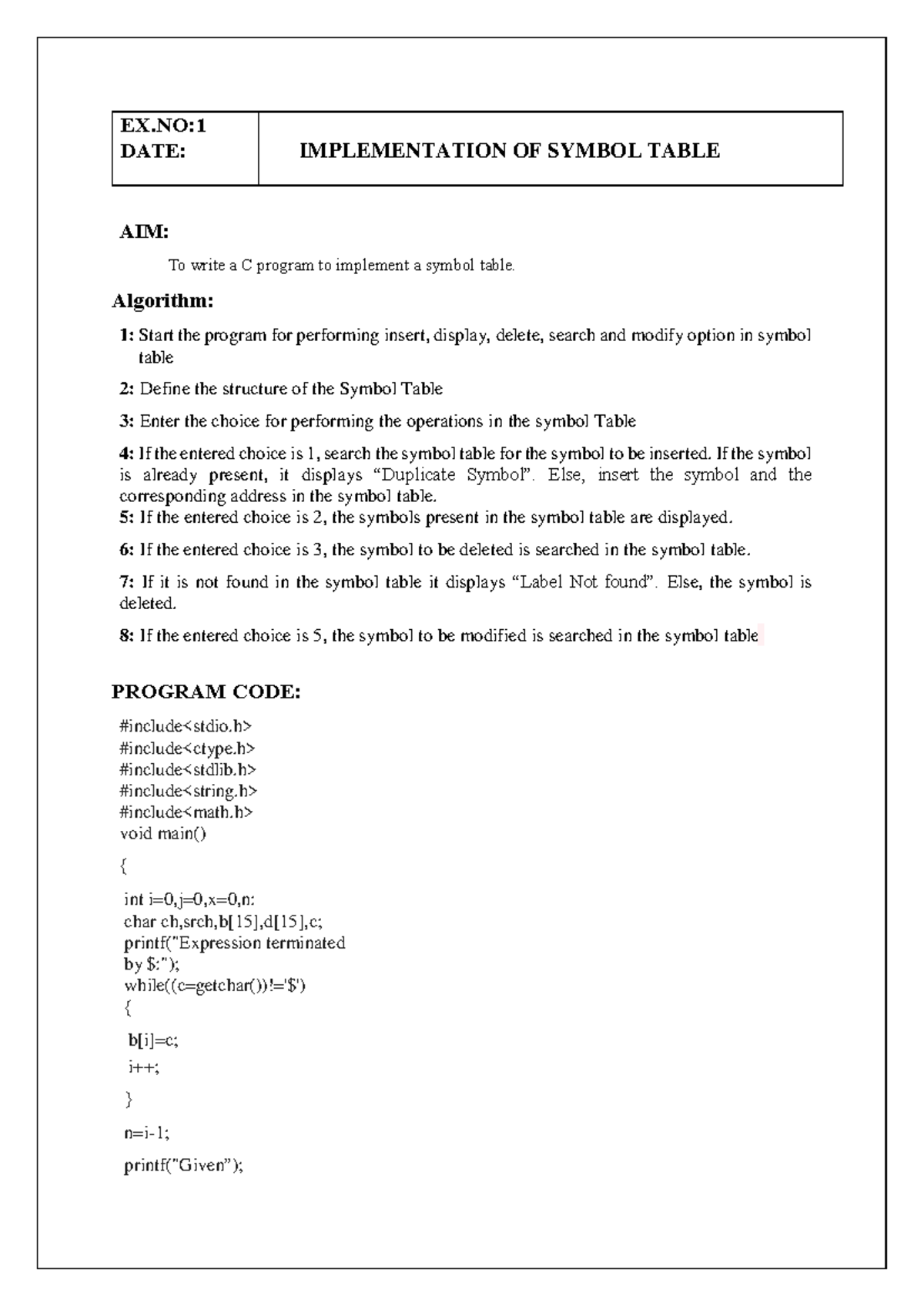 Cd Lab Cn Lab Manual Ex Date Implementation Of Symbol Table Aim To Write A C Program To
