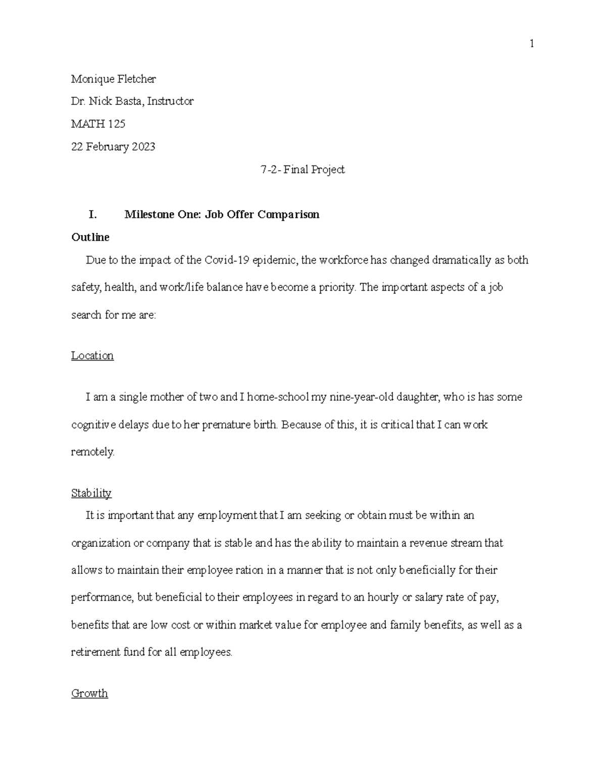 MAT- 125 Final Project - Monique Fletcher Dr. Nick Basta, Instructor ...