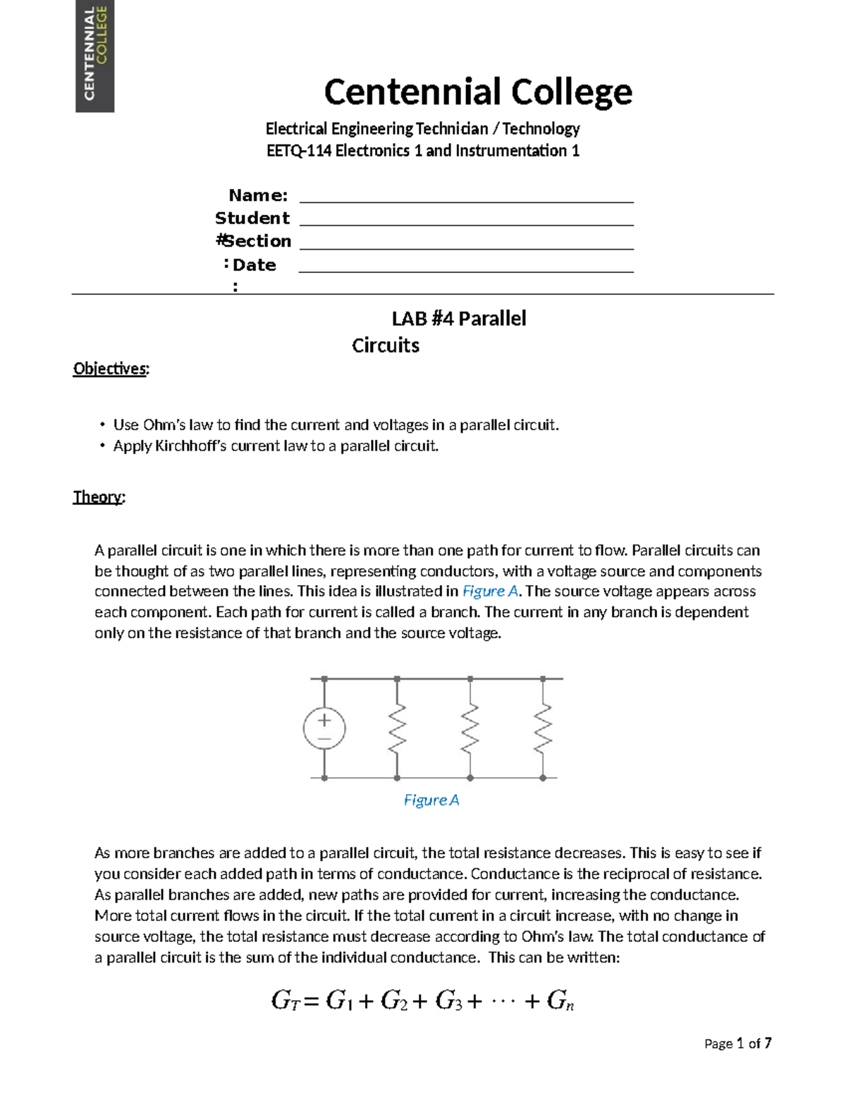 EETQ 114 Lab 4 - Parallel Circuits.incomp - Centennial College Electrical Engineering Technician ...