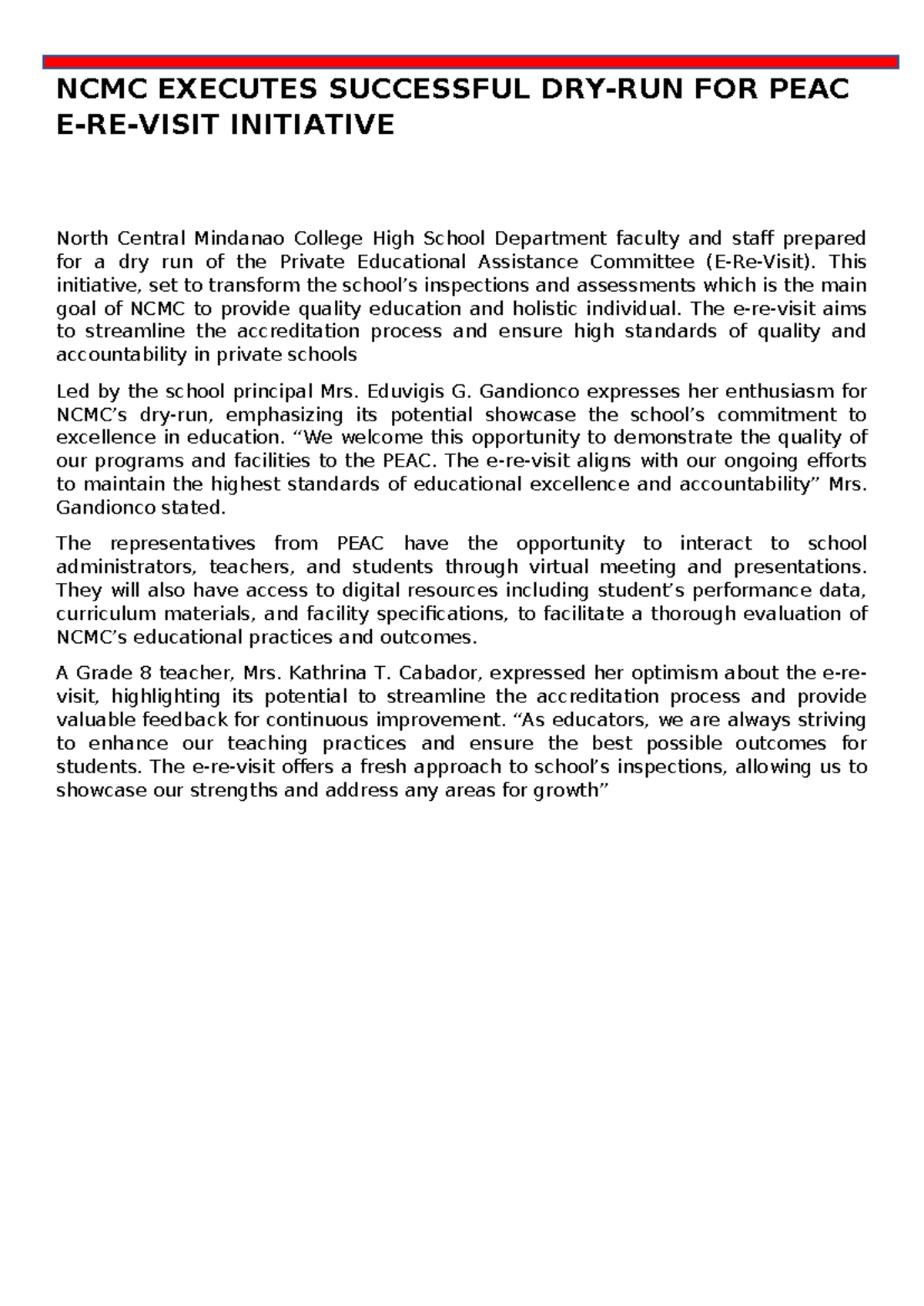 Advanced Journalism Activity 2 - NCMC EXECUTES SUCCESSFUL DRY-RUN FOR ...