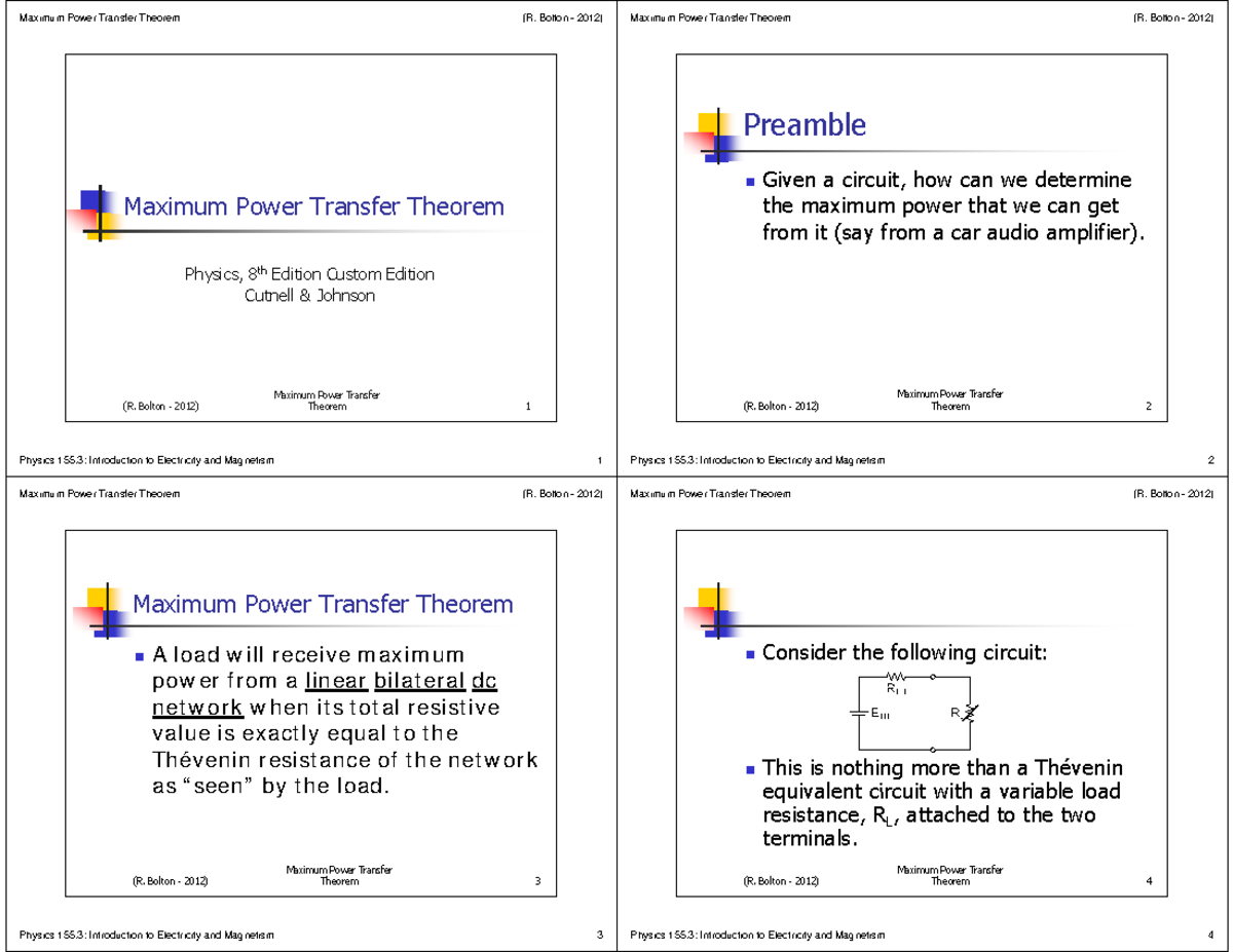 Lecture slides - Maximum power transfer - introduction to electricity ...