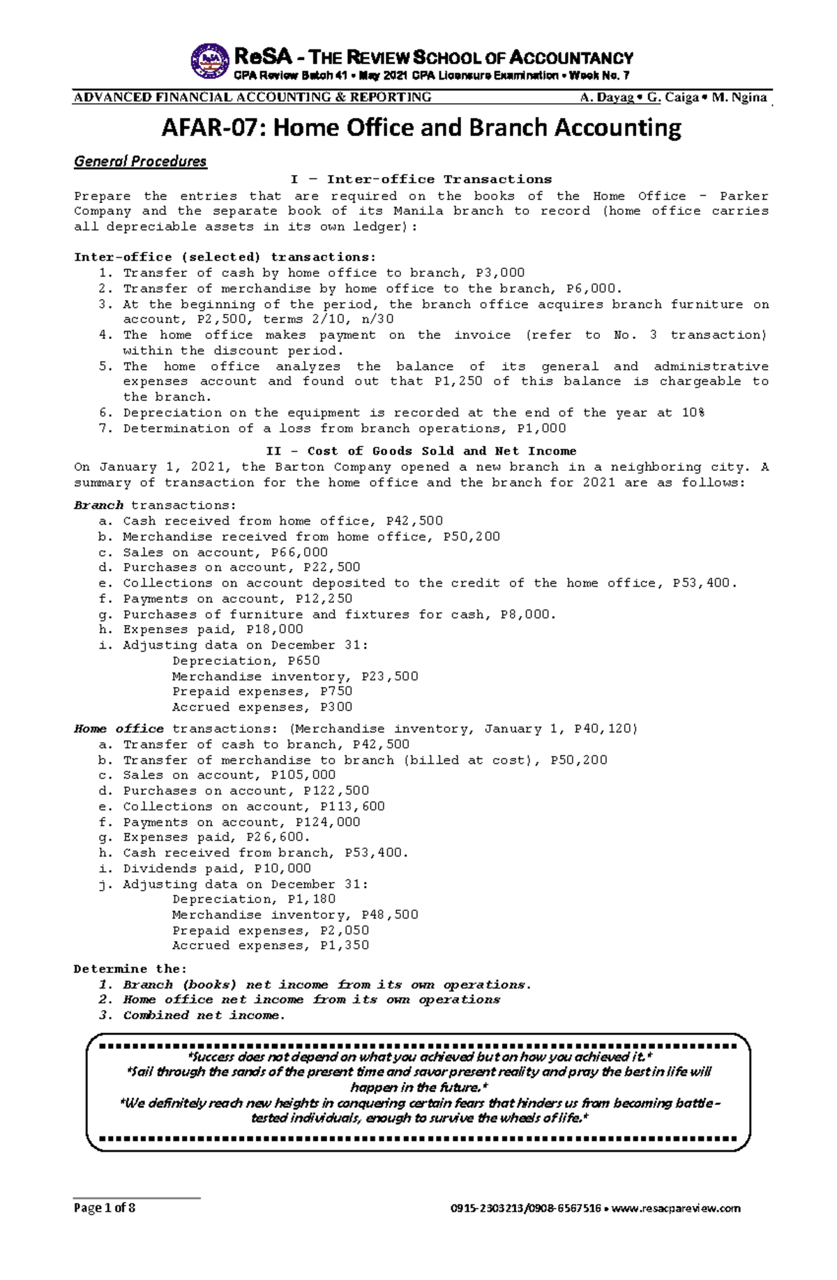 AFAR-07 - Business Combination - ReSA - THE REVIEW SCHOOL OF ACCOUNTANCY CPA Review Batch 41 May ...