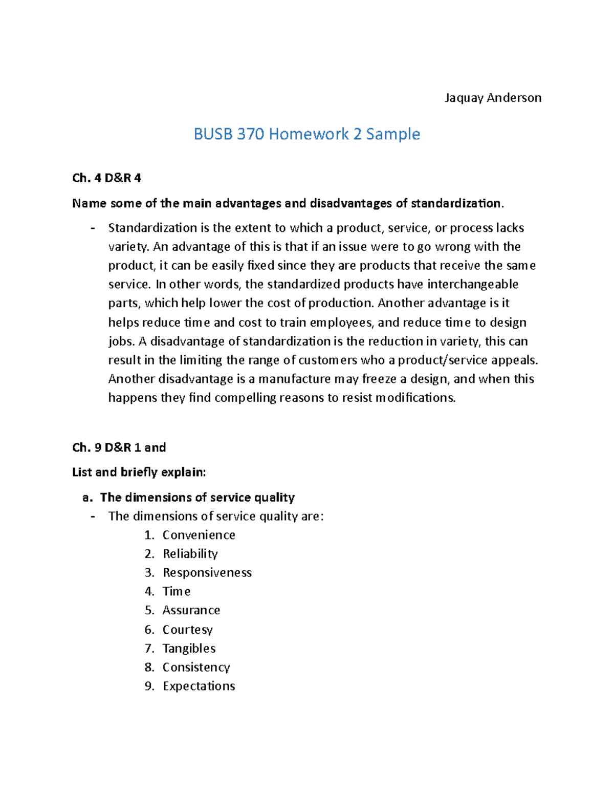 Busb 370 - hw 2 - Homework 2 questions from the book - Jaquay Anderson ...