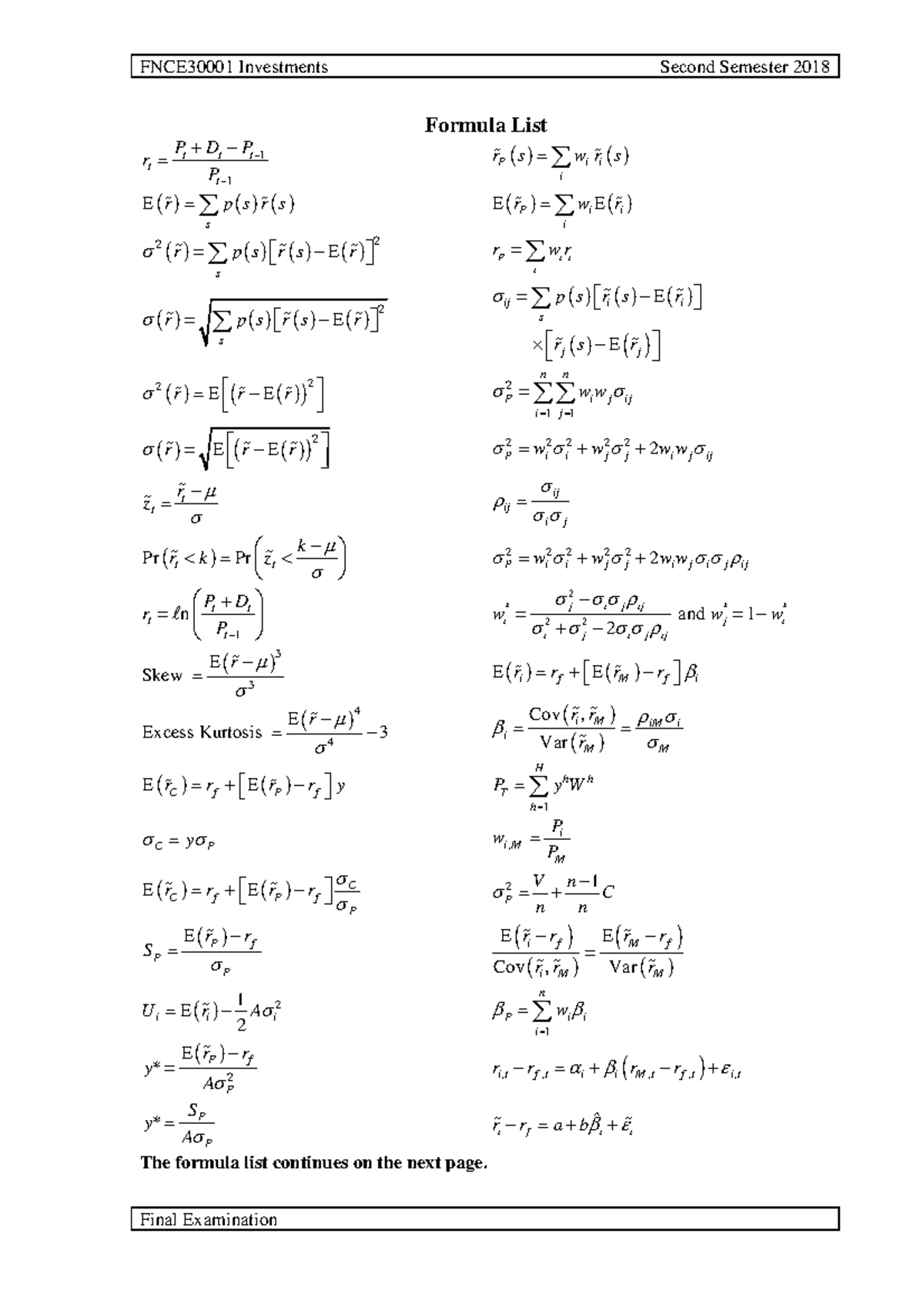 Formula list final exam Sem 2 2018 - FNCE30001 Investments Second ...