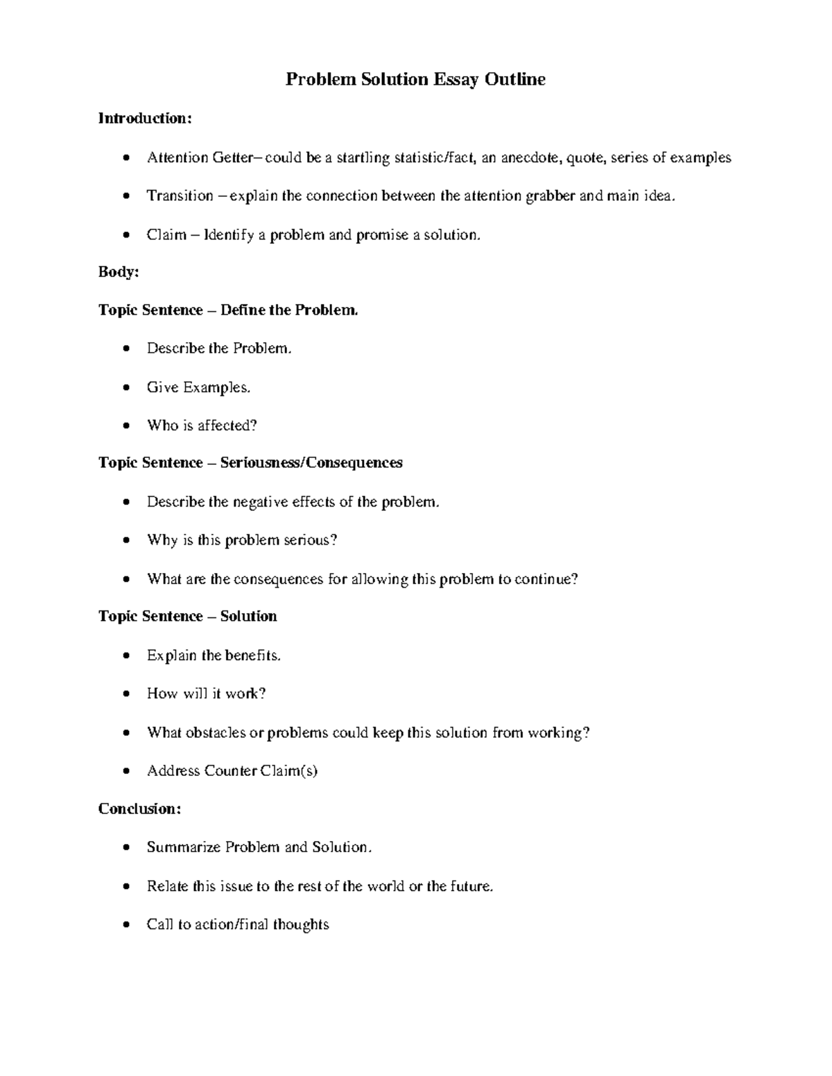 Problem solution essay outline - Problem Solution Essay Outline ...