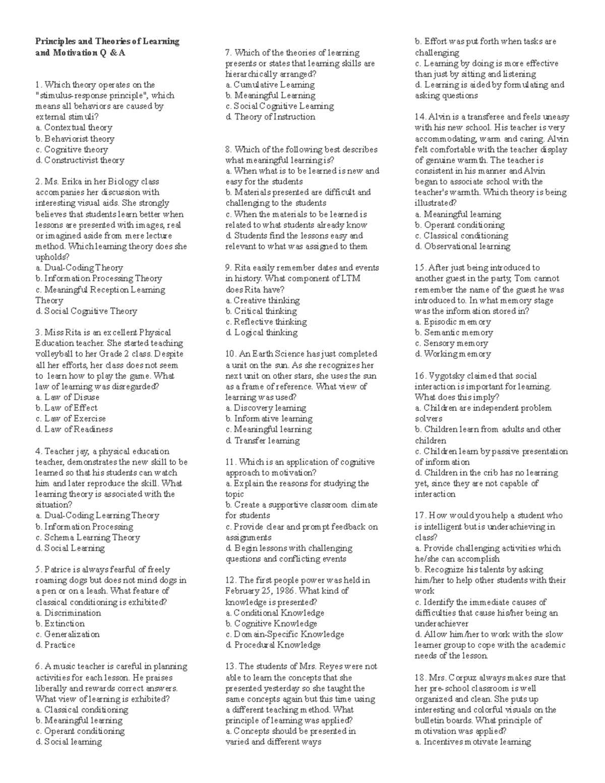 Principles and Theories of Learning and Motivation Q - Contextual ...