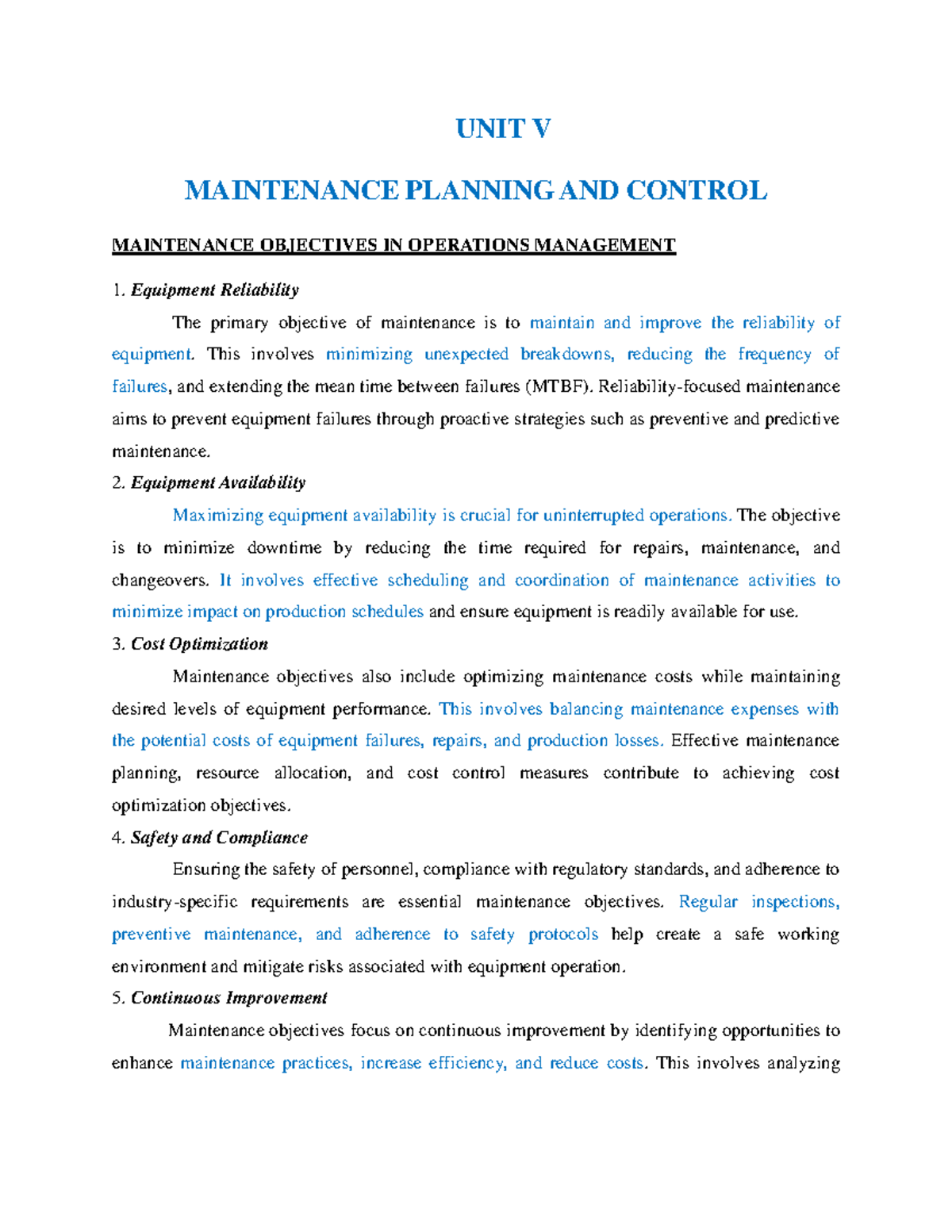 UNIT V OM - om notes - UNIT V MAINTENANCE PLANNING AND CONTROL ...