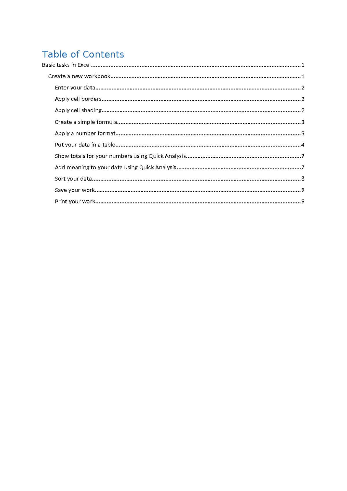 Basic tasks in Excel - Table of Contents Basic tasks in - Studocu