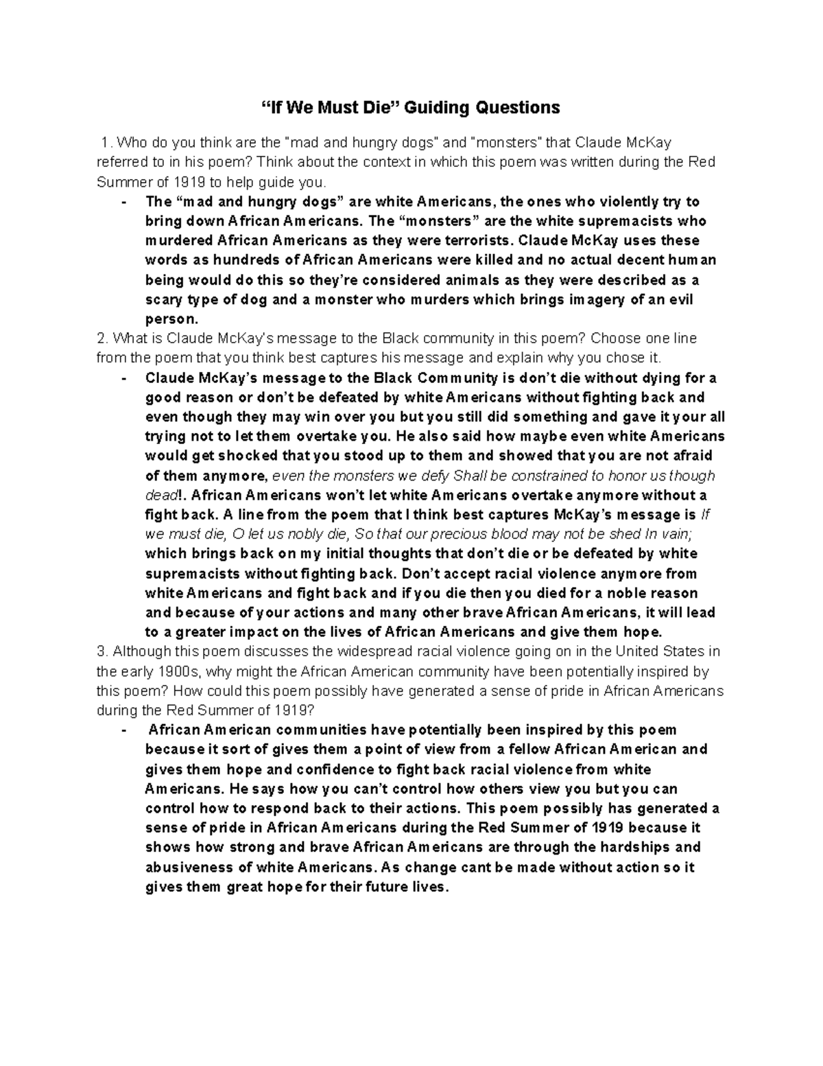 Claude Mc Kay and Langston Hughes Poetry Guiding Questions - “If We ...