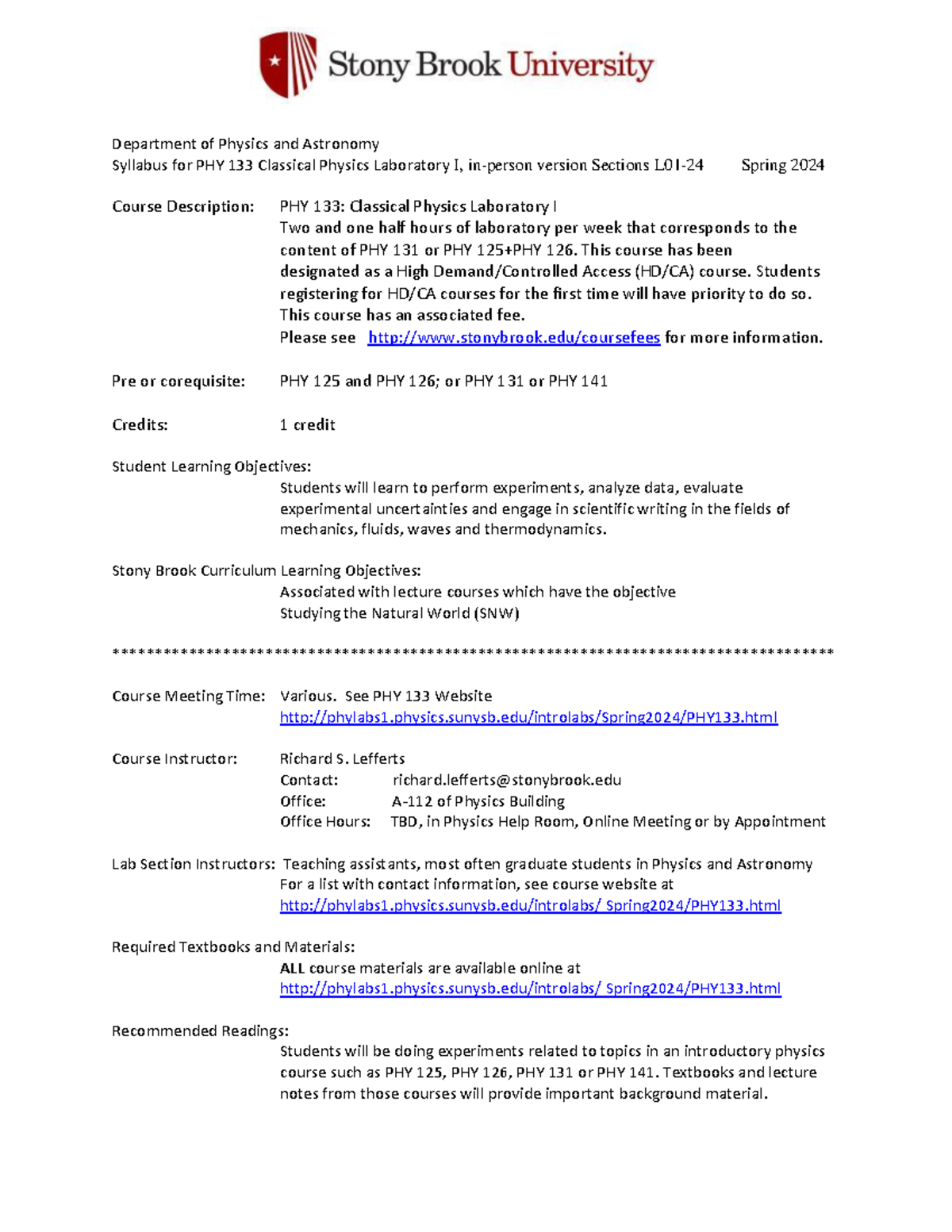 Richard Lefferts Spring 2024 Syllabus - Department of Physics and ...