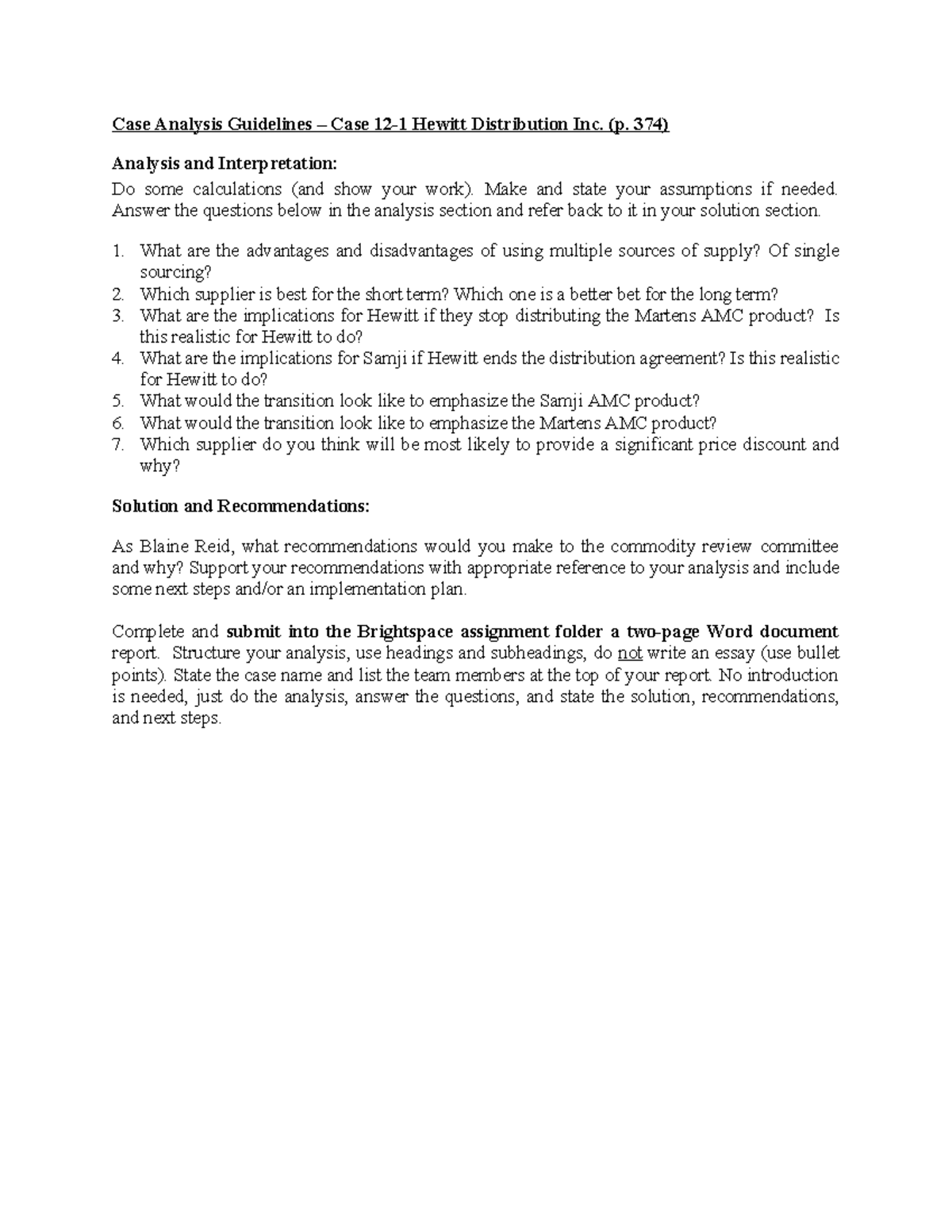 In-Class Case Guidelines SCMT370-Hewitt - Case Analysis Guidelines ...