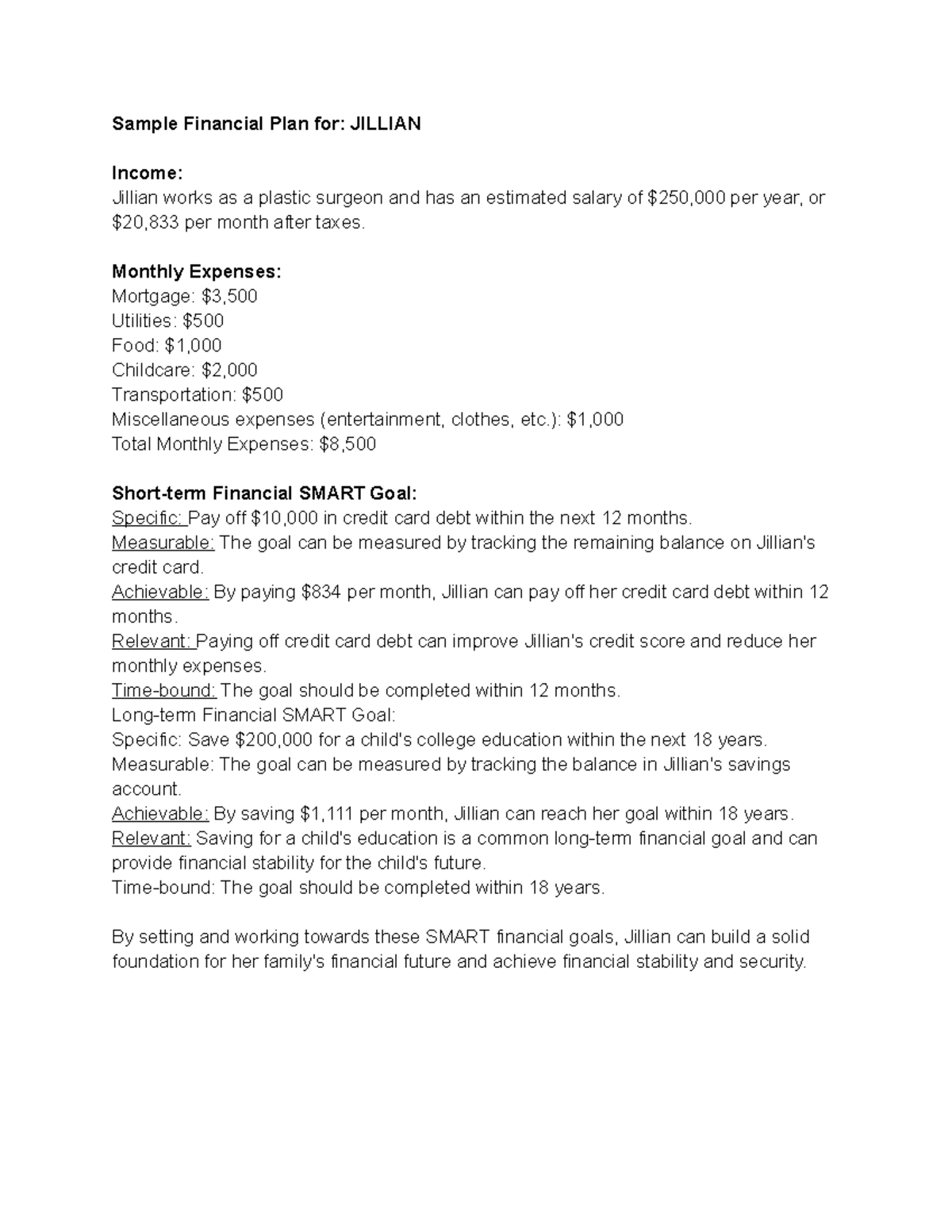 HDF418 Financial Plan for Jillian - Sample Financial Plan for: JILLIAN ...
