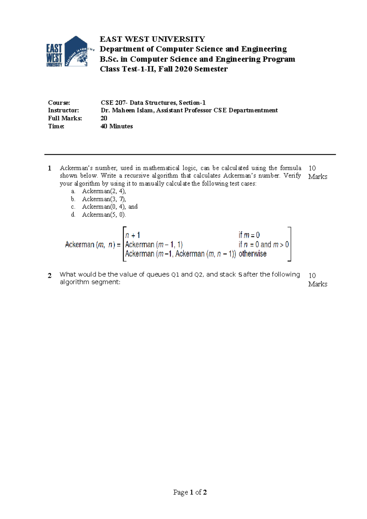 CSE207 Fall 2020 Q-2 - For MI maa'ms course - EAST WEST UNIVERSITY Department of Computer ...