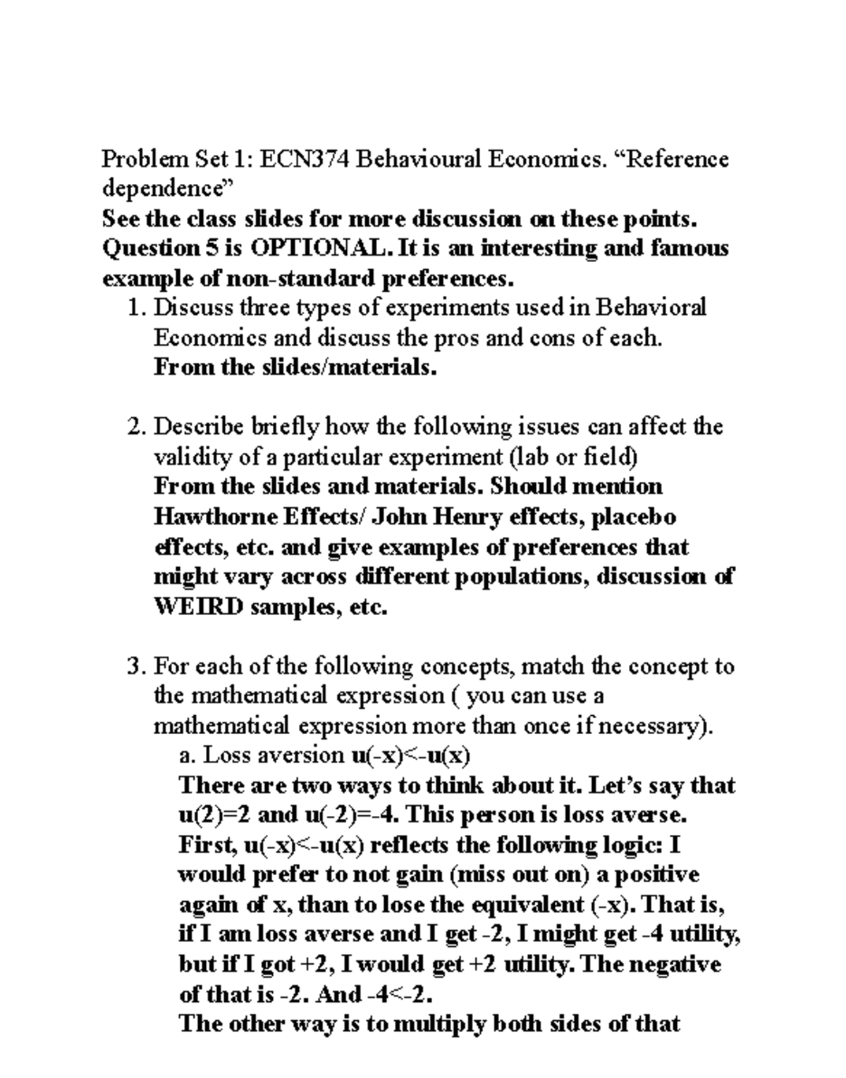 Problem Set 1 with solutions - Problem Set 1: ECN374 Behavioural Economics. “Reference ...