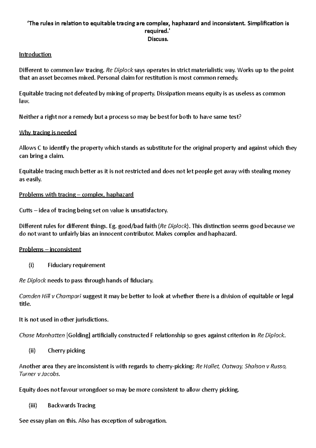 Tracing essay questions - ‘The rules in relation to equitable tracing ...