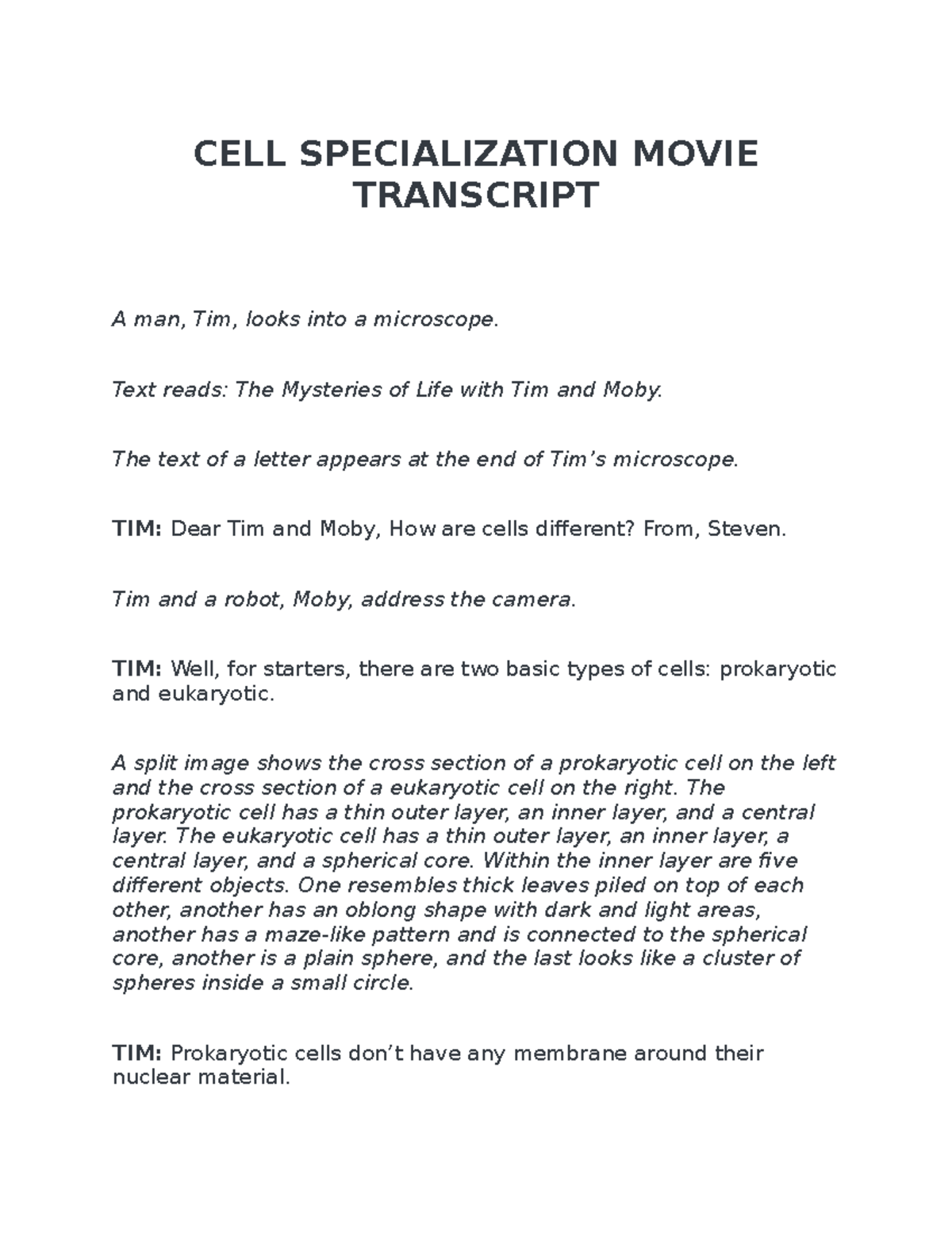 CELL Specialization Movie Transcript - CELL SPECIALIZATION MOVIE ...
