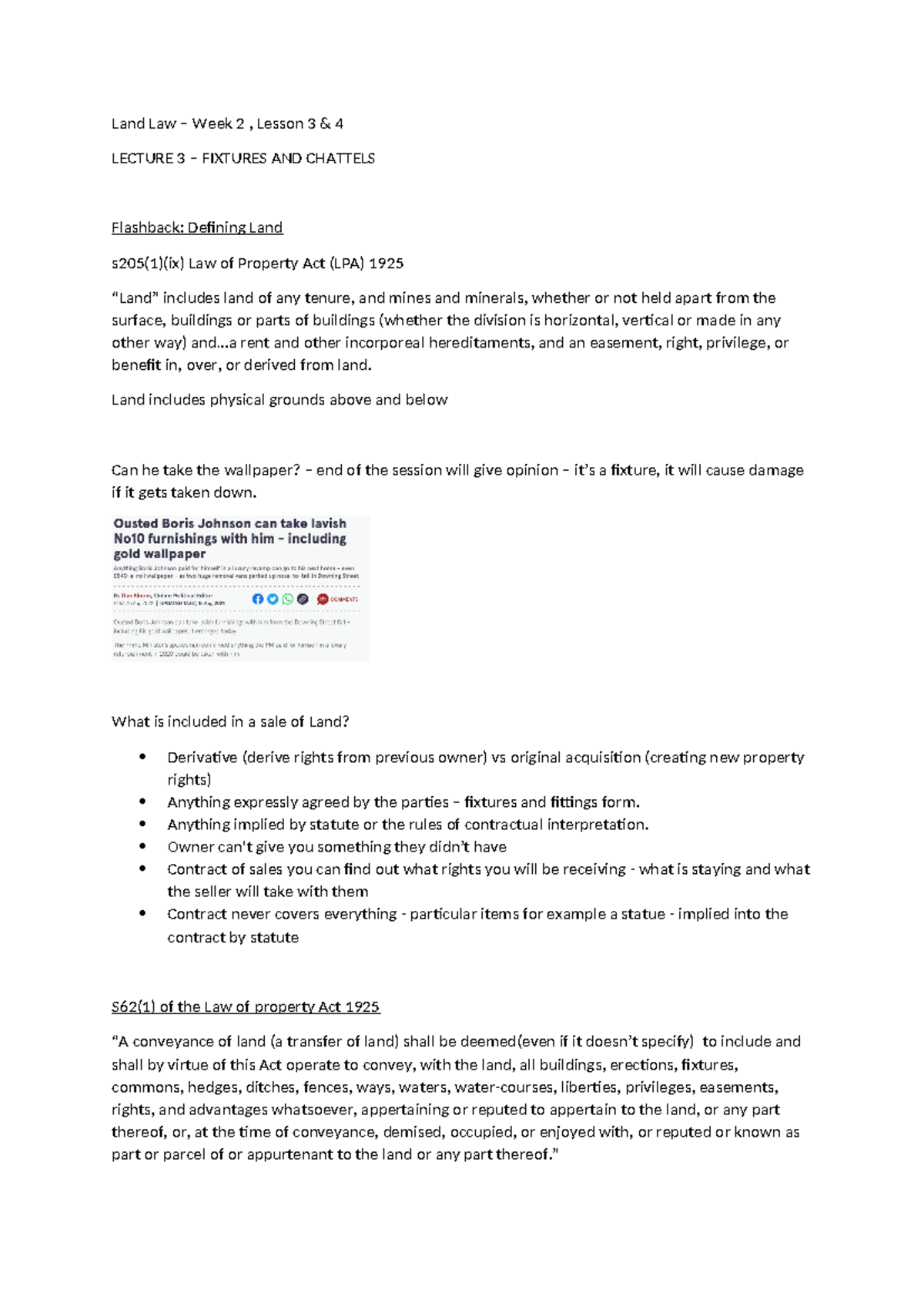 Fixtures and Chattels - n/a - Land Law – Week 2 , Lesson 3 & 4 LECTURE ...