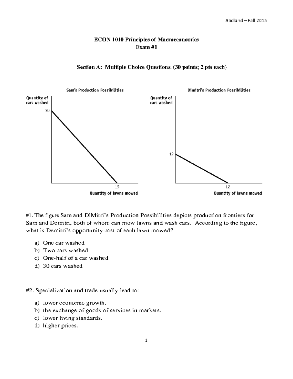 Economics test - ECON 1010 Principles of Macroeconomics Exam # Section ...
