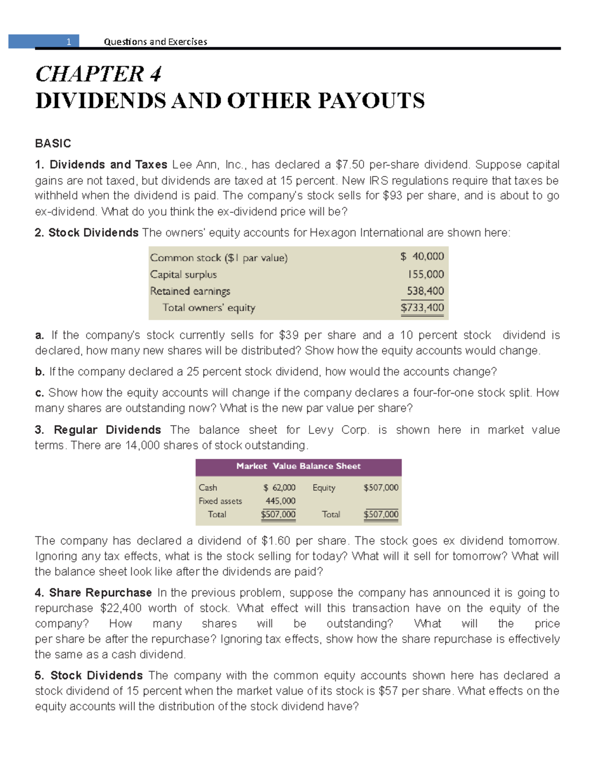 Chapter 4 Exercises - Ước lượng Value at Risk 1 - 1 Questions and Exercises CHAPTER 4 DIVIDENDS ...