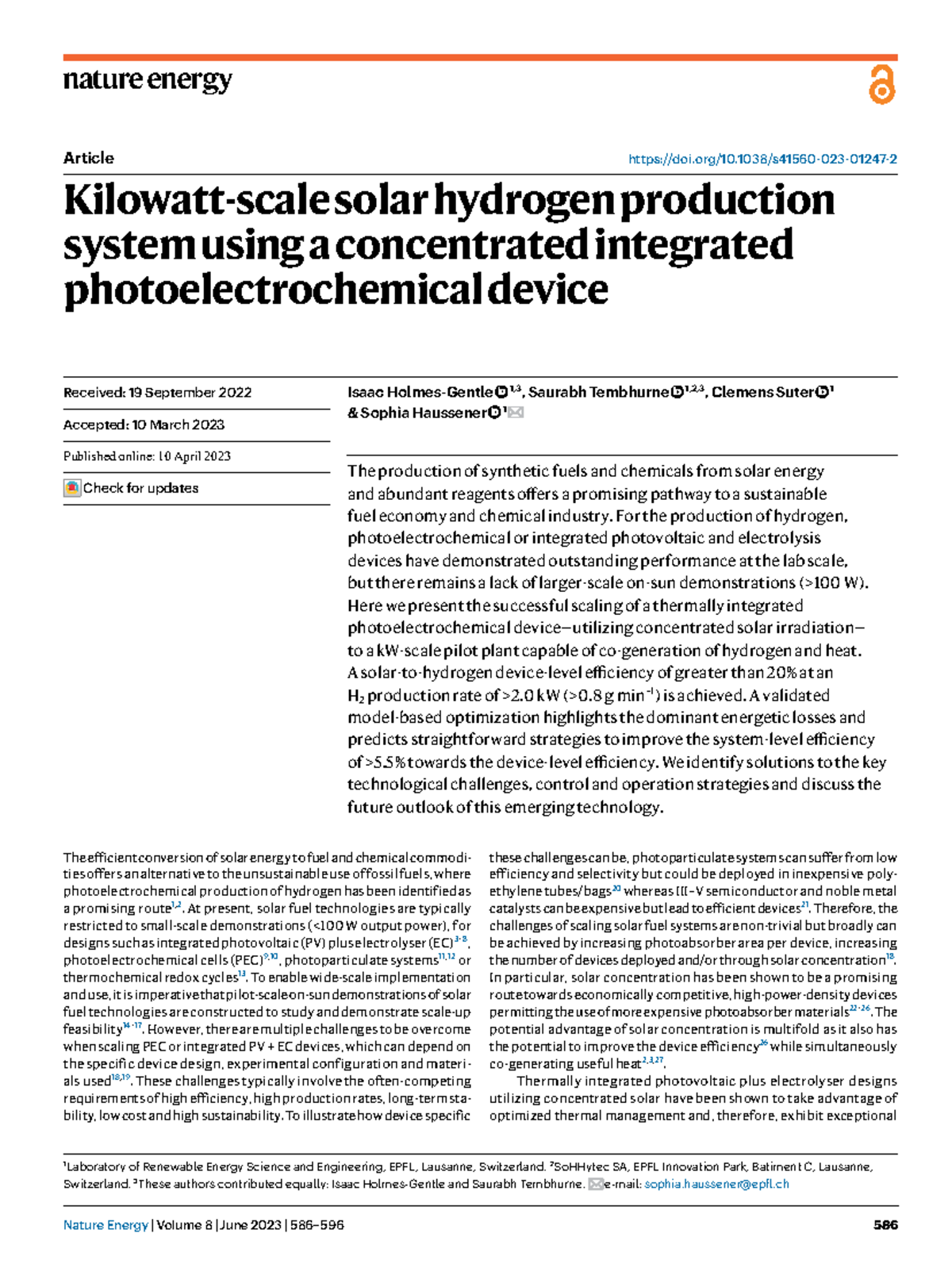 S41560 023 01247 2 - It is research paper on solar water splitting in ...