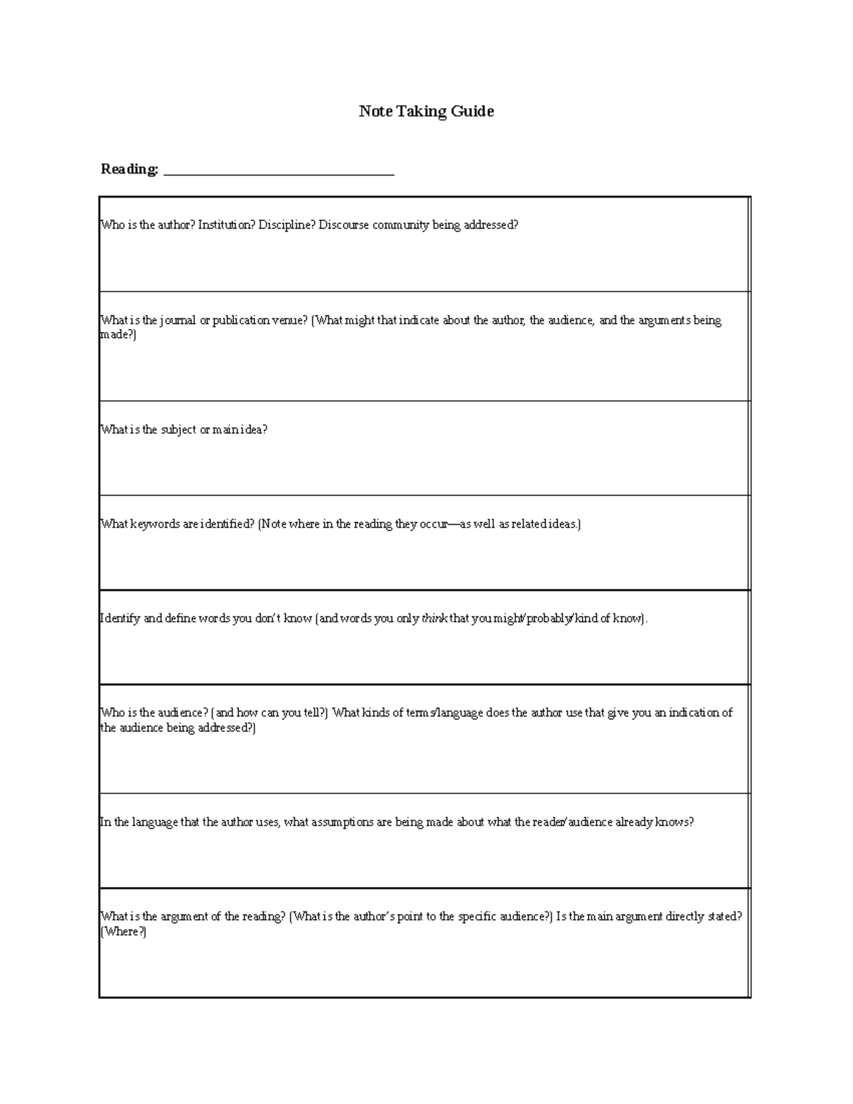 Note Taking Guide - Note Taking Guide Reading ...