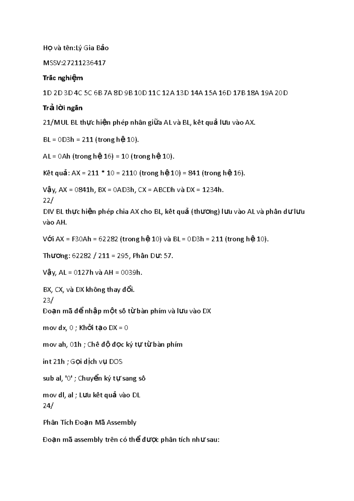 Vanddhhjnj j jihij - H ọ và tên:Lý Gia B ảo MSSV: Trắắc nghi ệm 1D 2D ...