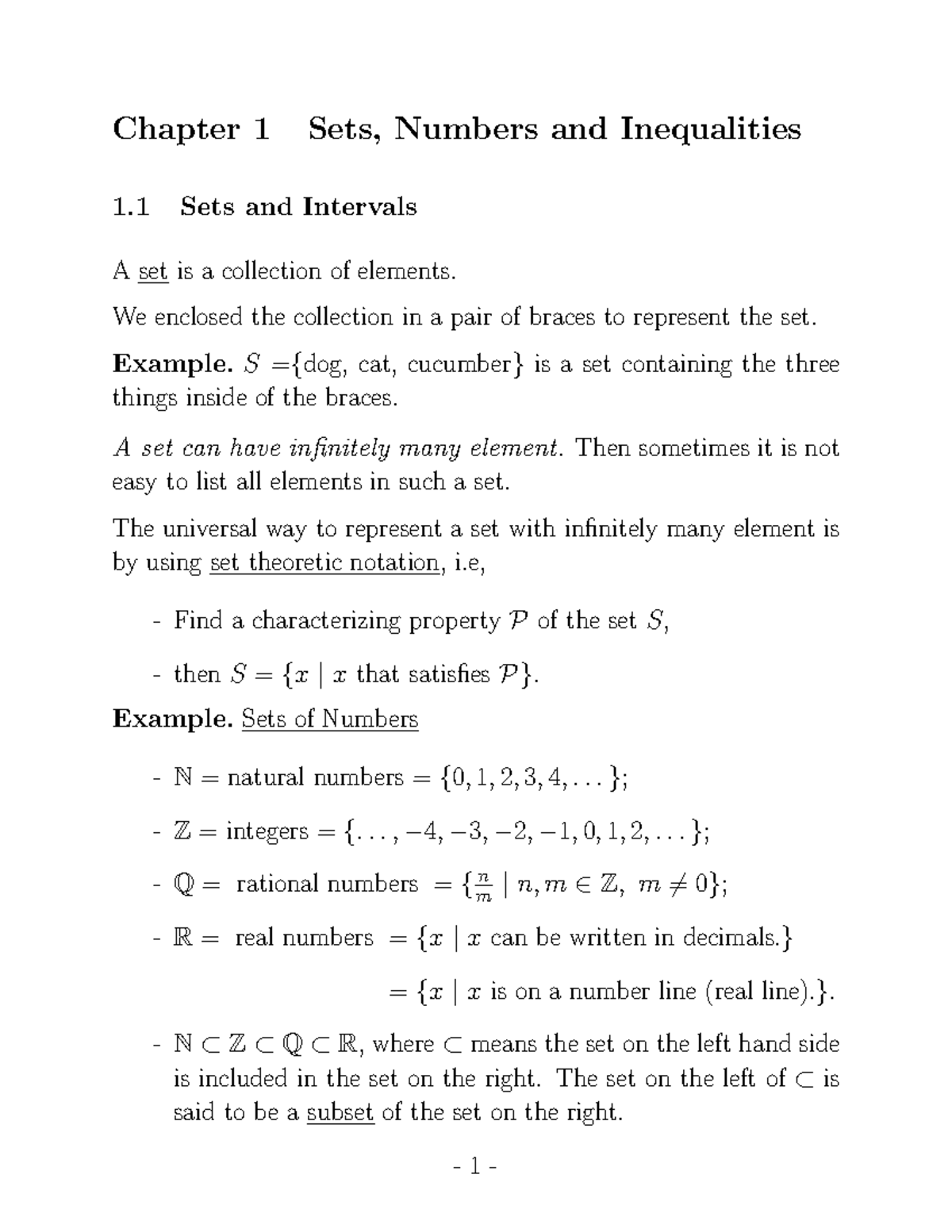 Math114Sp18 - Chapter 1 1 Sets, Numbers and Inequalities Sets and ...