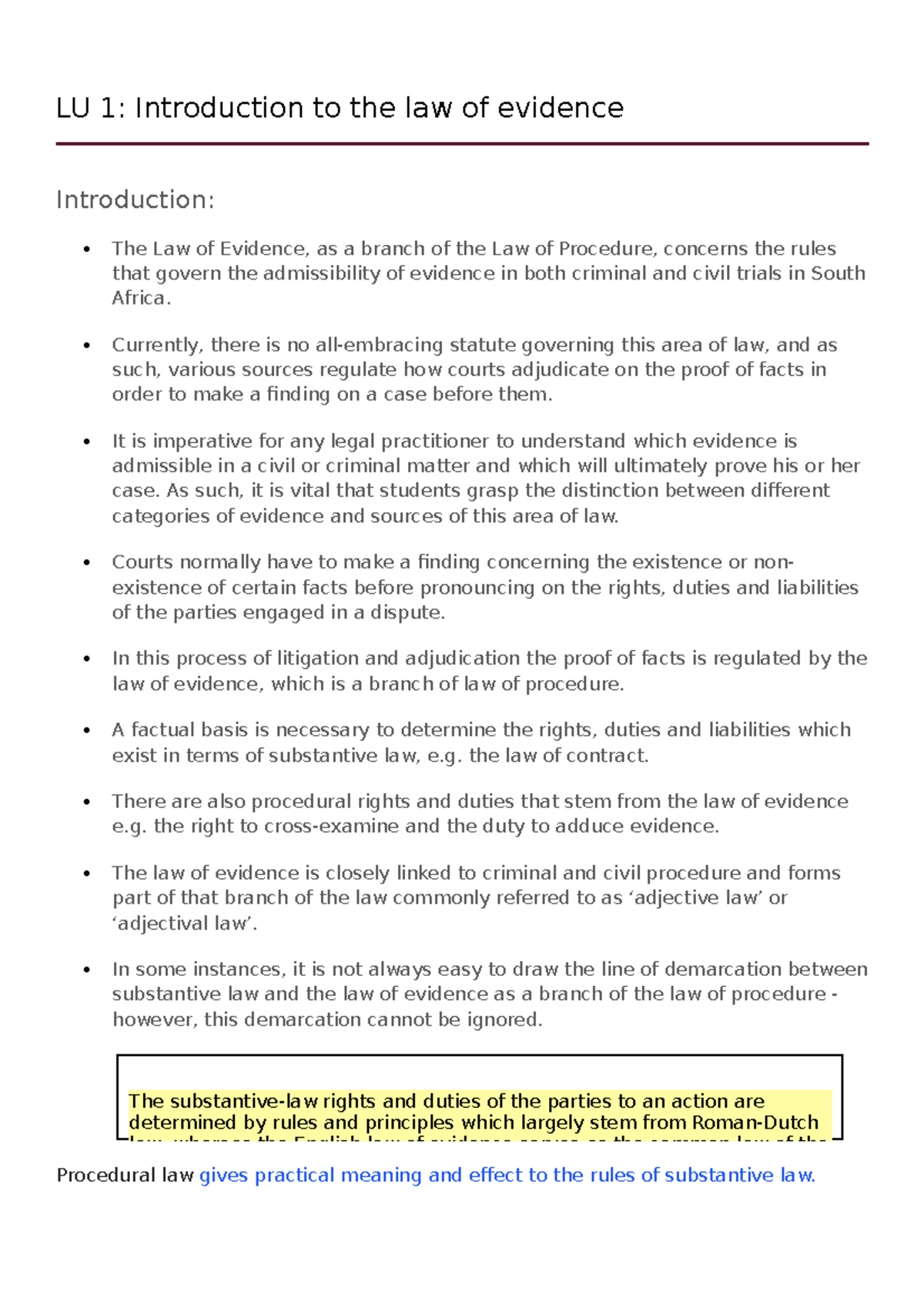 Lu 1 notes laev - LU 1: Introduction to the law of evidence ...