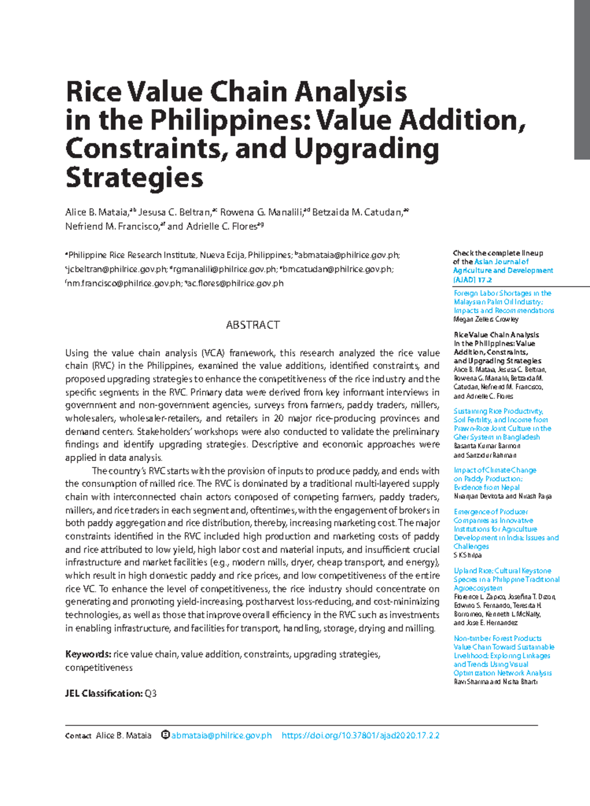 AJAD 17 2 2 Philippine Rice Value Chain - Asian Journal of Agriculture ...