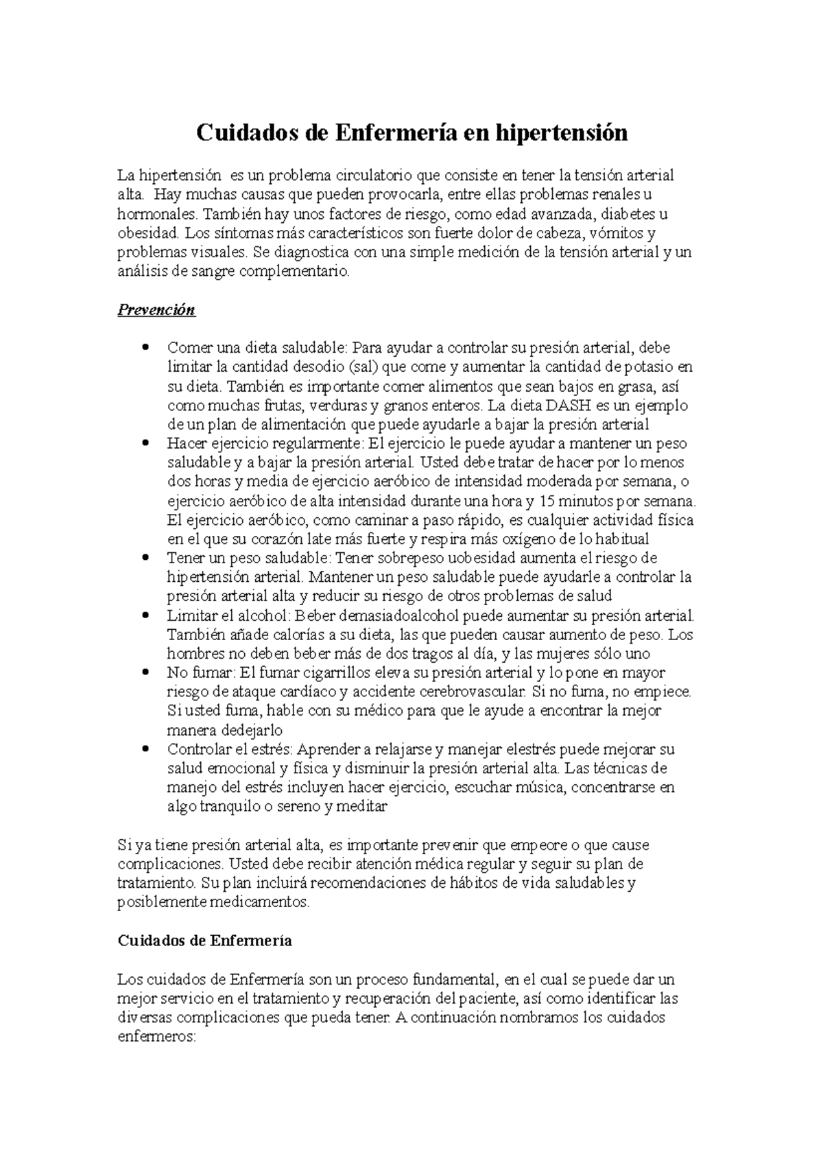 Cuidados De Enfermería En Hipertensión Cuidados De En La Es Un