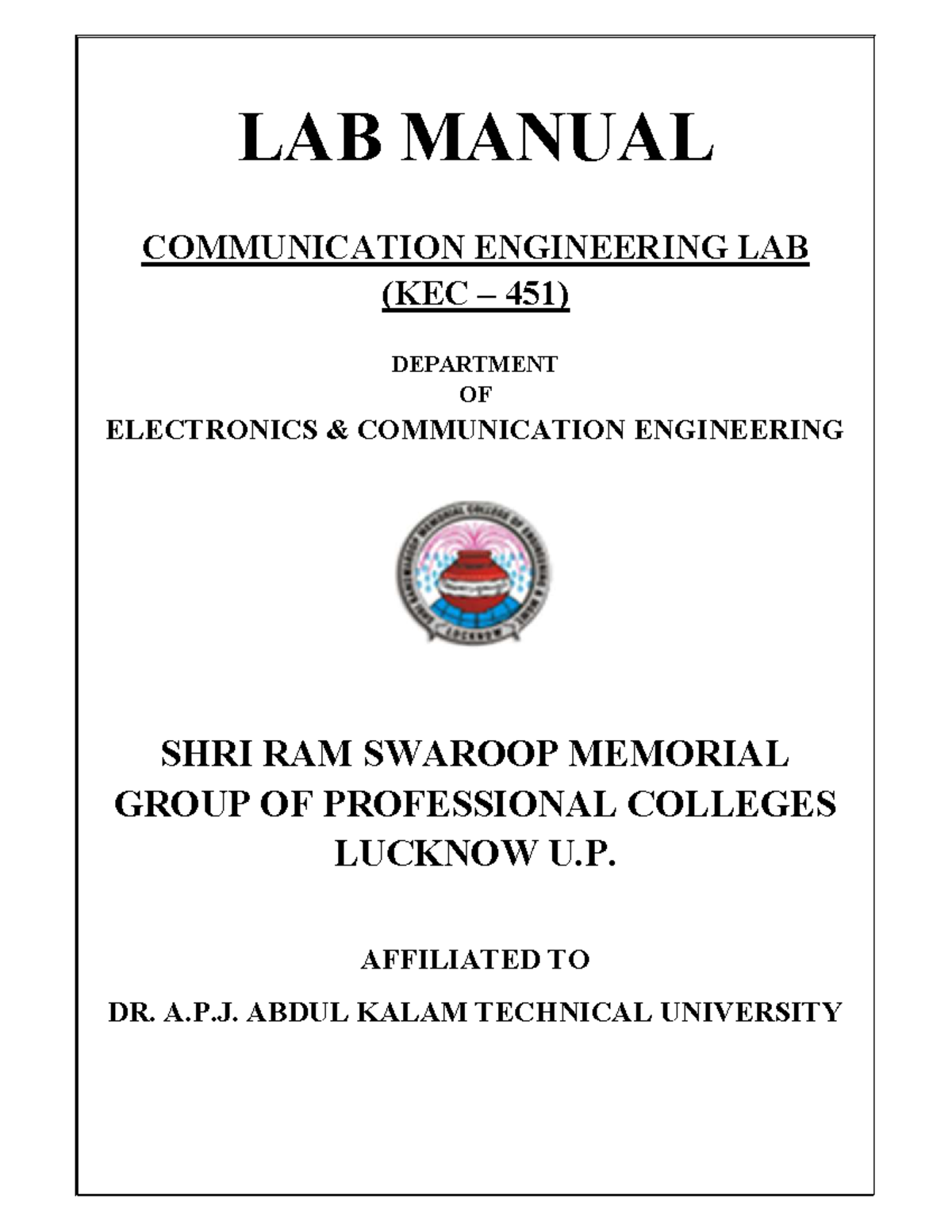 KEC 451 Communication engg lab - LAB MANUAL COMMUNICATION ENGINEERING ...