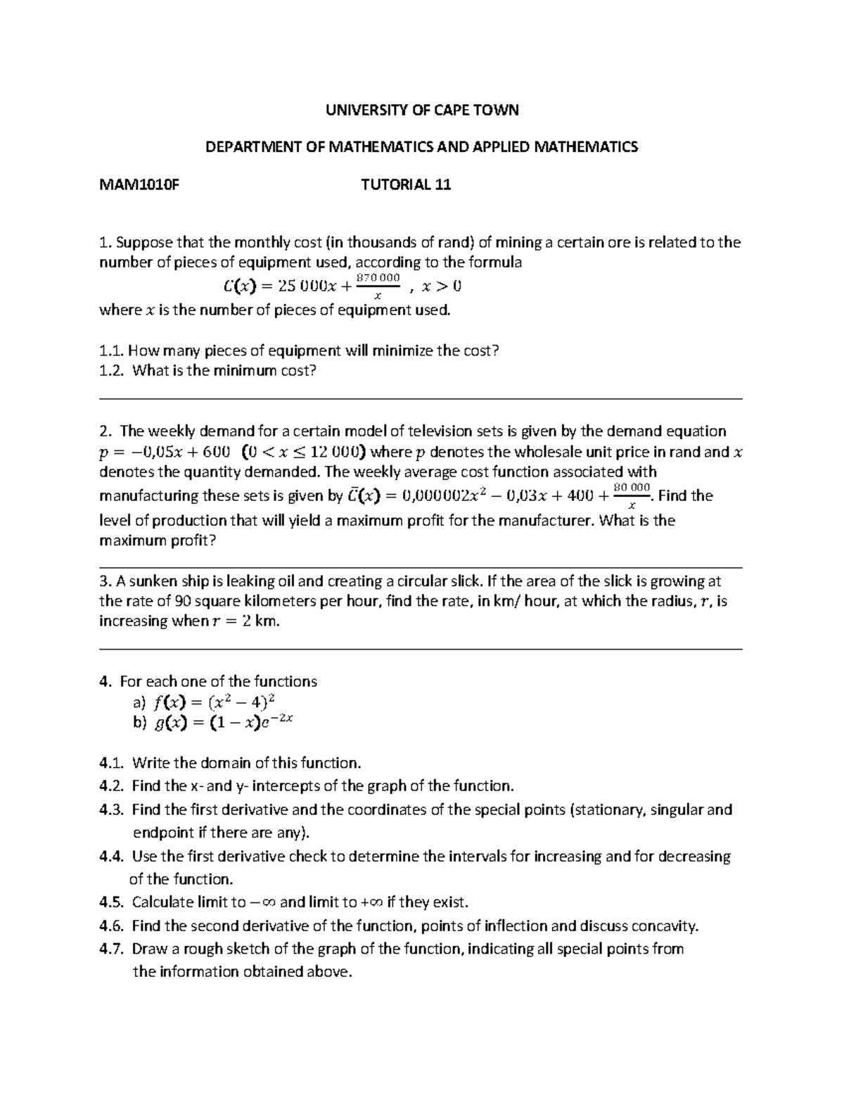 Tutorial+11 - MAM1010F Tutorial - UNIVERSITY OF CAPE TOWN DEPARTMENT OF ...
