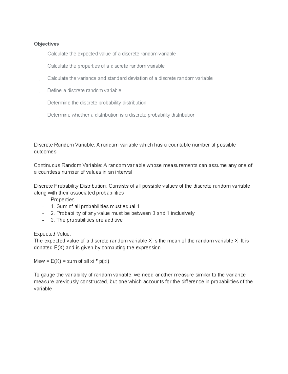 6.1 - 6.3 Discrete Random Variables - Objectives Calculate the expected value of a discrete ...