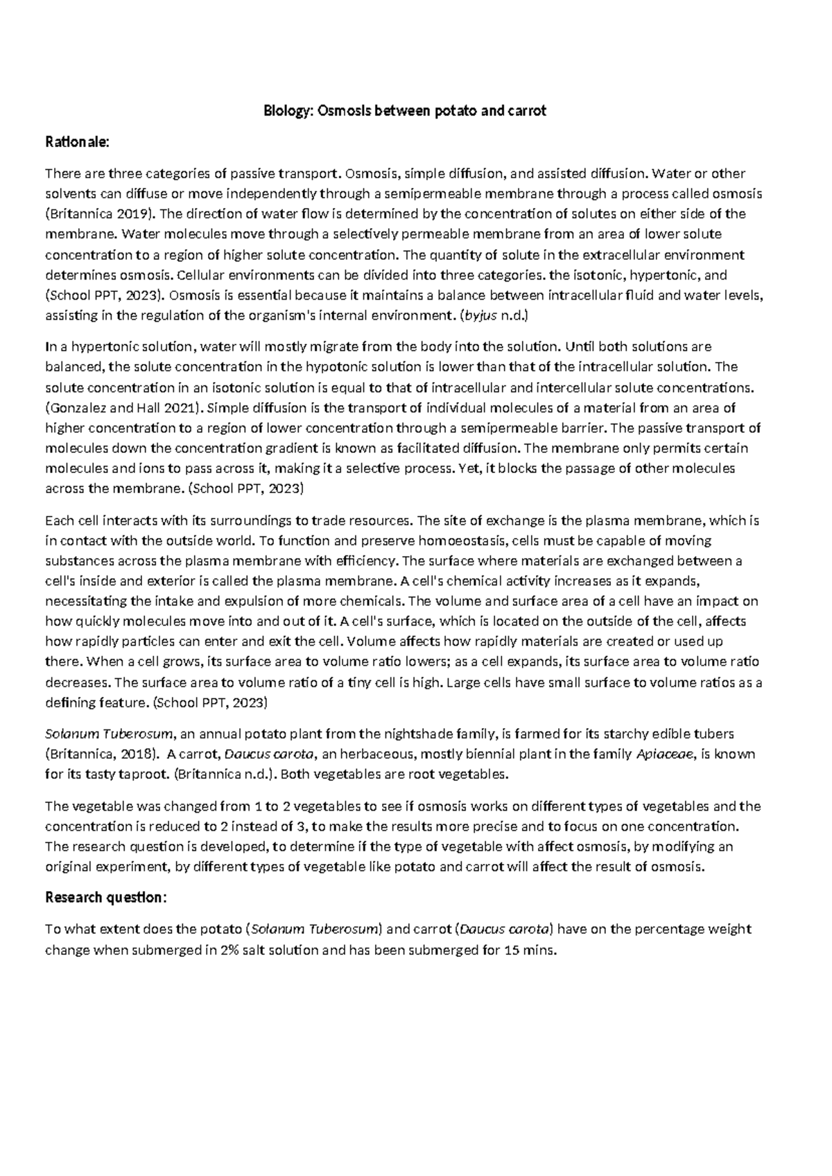 FBI10 SE Assignmentt - Biology: Osmosis between potato and carrot ...