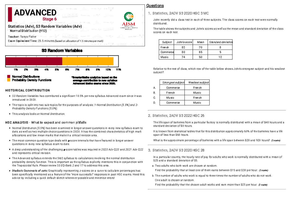 Normal Distribution HSC Questions - Statistics (Adv), S3 Random ...