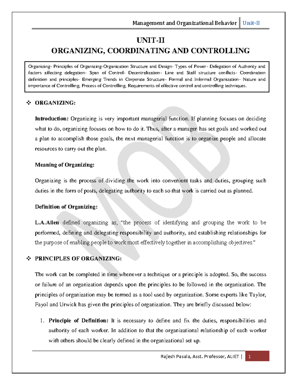 UNIT 2 - Organizing- Principles of Organizing-Organization Structure ...