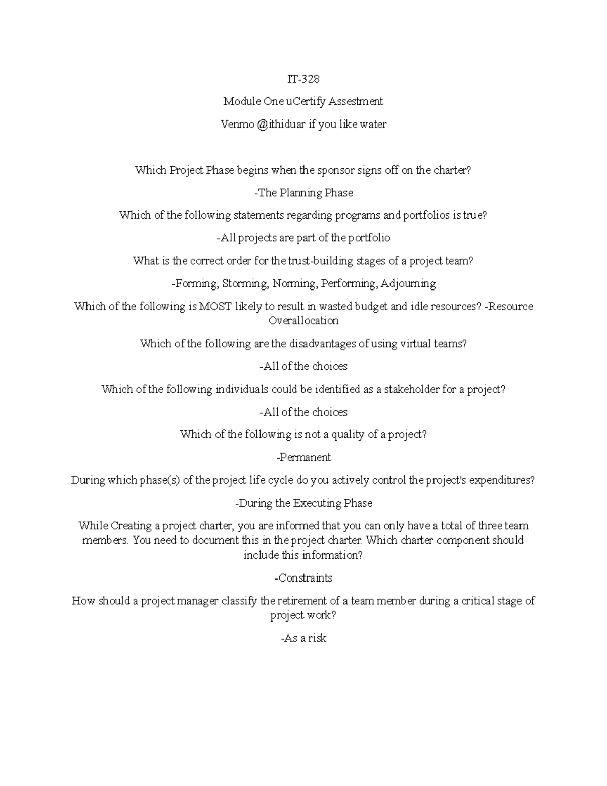 IT-328 u Certify Mod 1 - IT- Module One uCertify Assestment Venmo ...