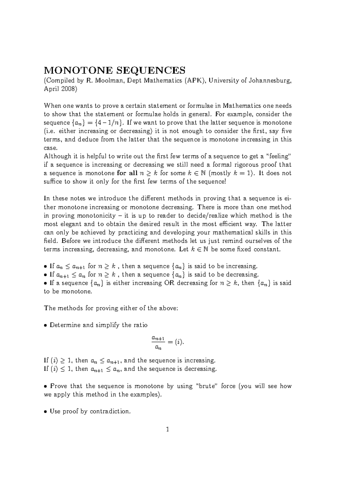 Monotoneseq Lecture Notes Monotone Sequence Monotone Sequences Compiled By R Moolman Dept